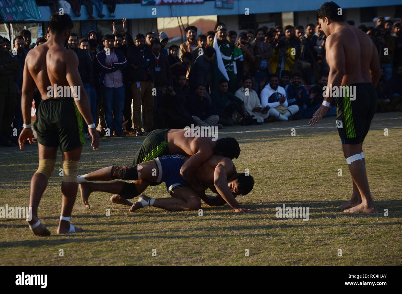 Lahore, Pakistan. 13th Jan, 2019. A view of Kabaddi final match between ...