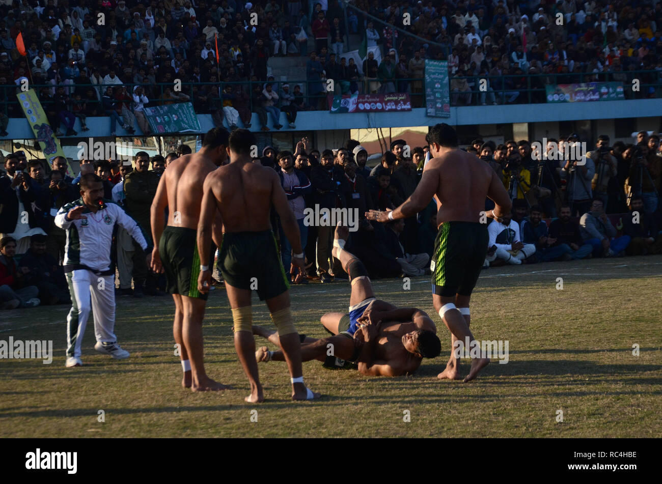 Lahore, Pakistan. 13th Jan, 2019. A view of Kabaddi final match between ...