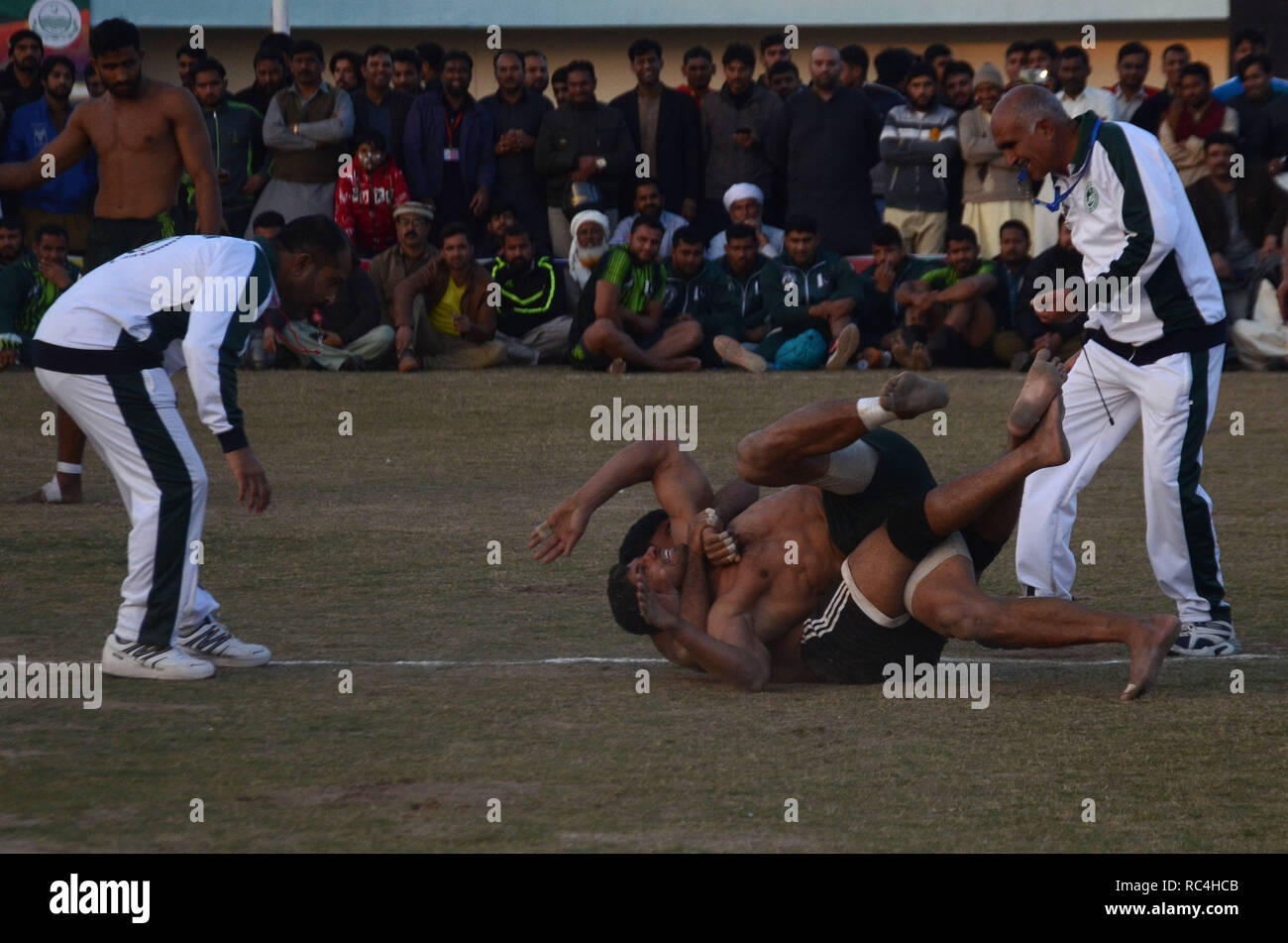 Lahore, Pakistan. 13th Jan, 2019. A view of Kabaddi final match between ...