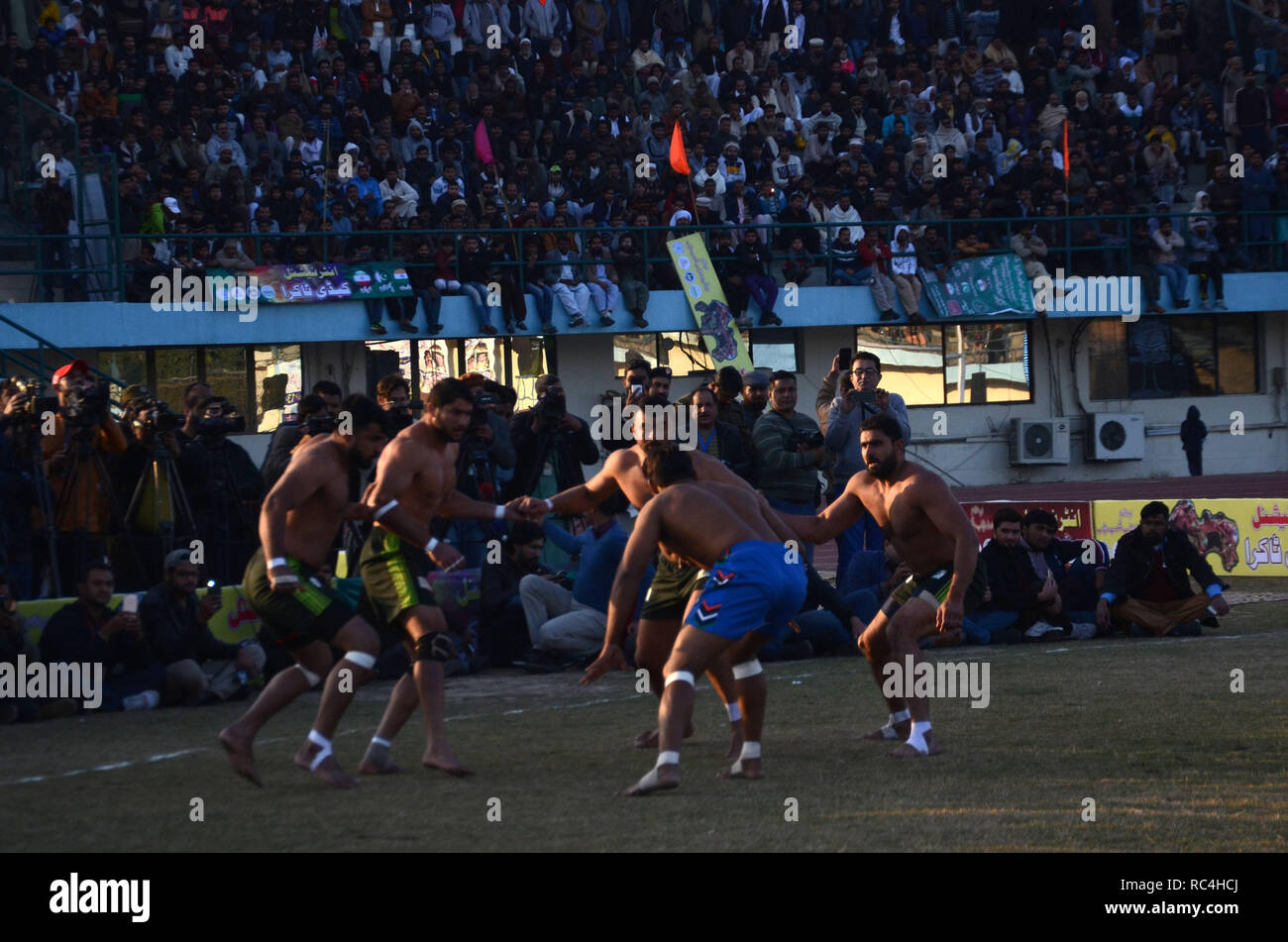 Lahore, Pakistan. 13th Jan, 2019. A view of Kabaddi final match between ...