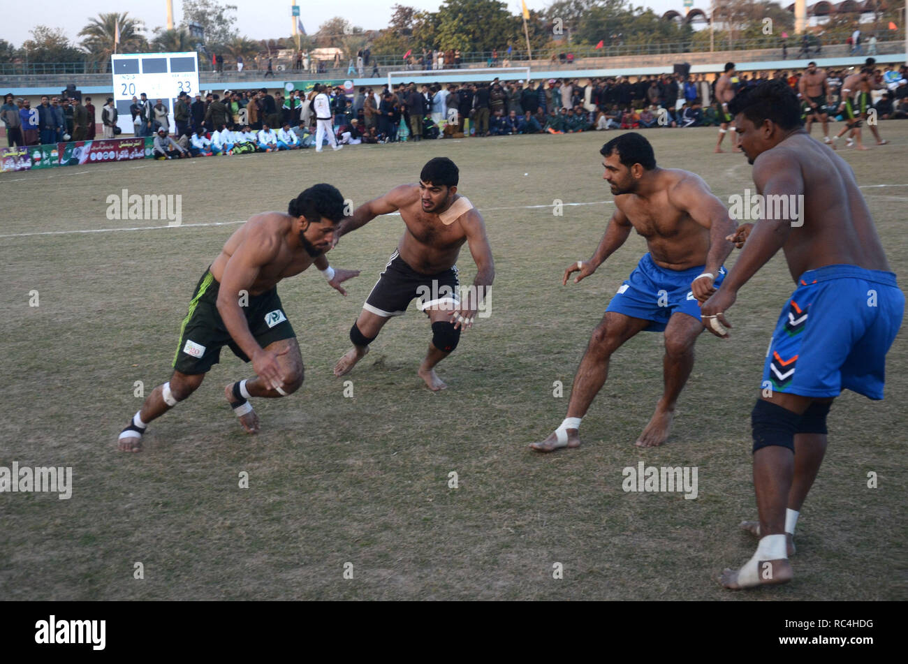 Lahore, Pakistan. 13th Jan, 2019. A view of Kabaddi final match between ...