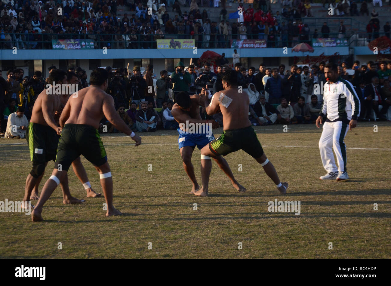 Lahore, Pakistan. 13th Jan, 2019. A view of Kabaddi final match between ...