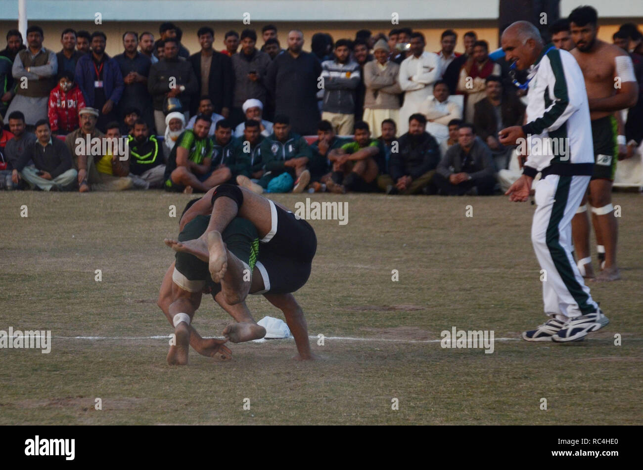 Lahore, Pakistan. 13th Jan, 2019. A view of Kabaddi final match between ...