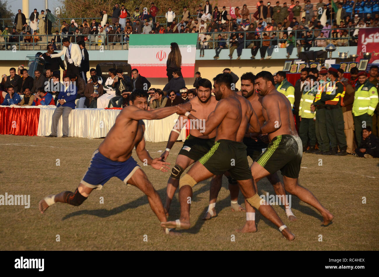 Lahore, Pakistan. 13th Jan, 2019. A view of Kabaddi final match between ...