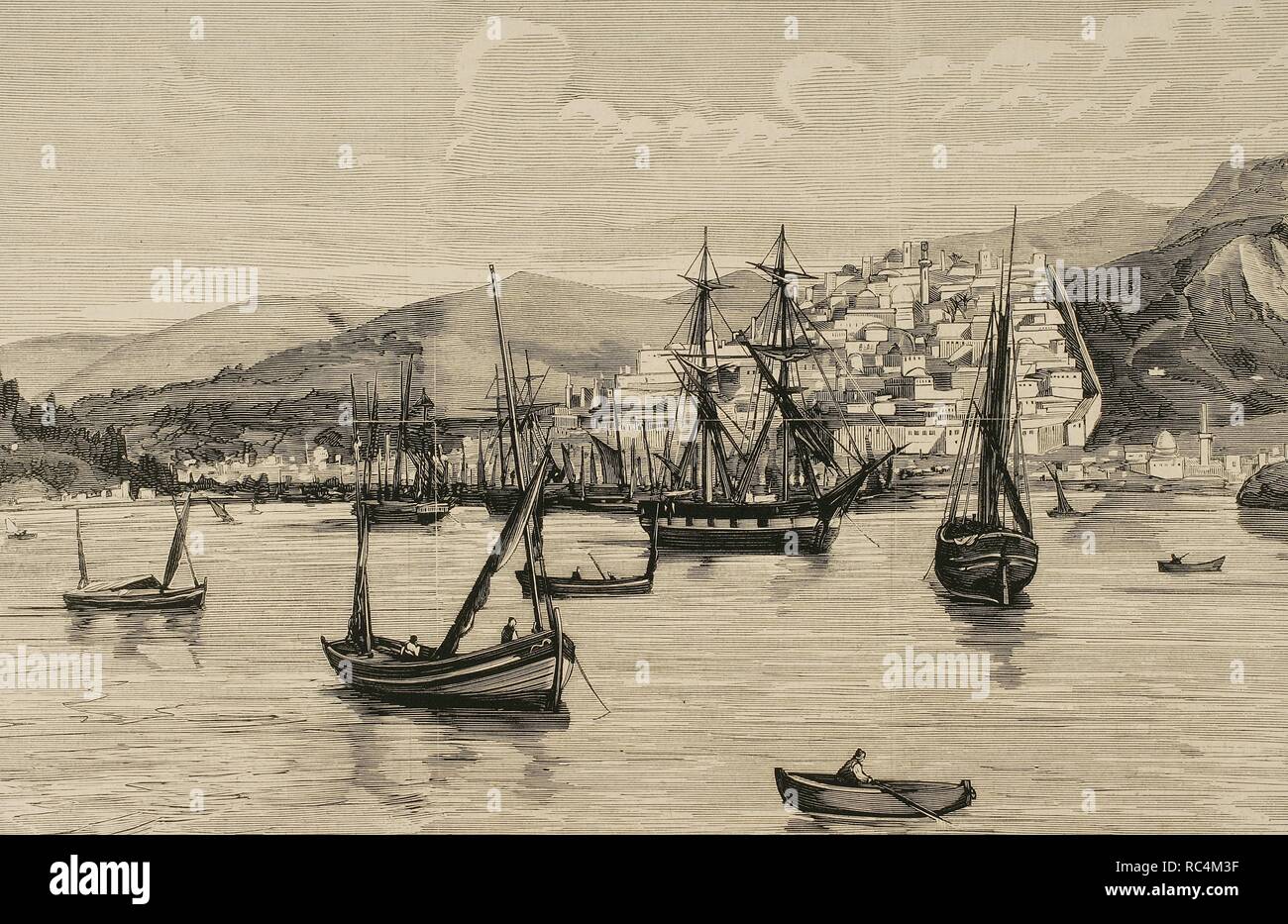 Turkey. Thessaloniki. City and harbor. Engraving by Rico. The Spanish ...