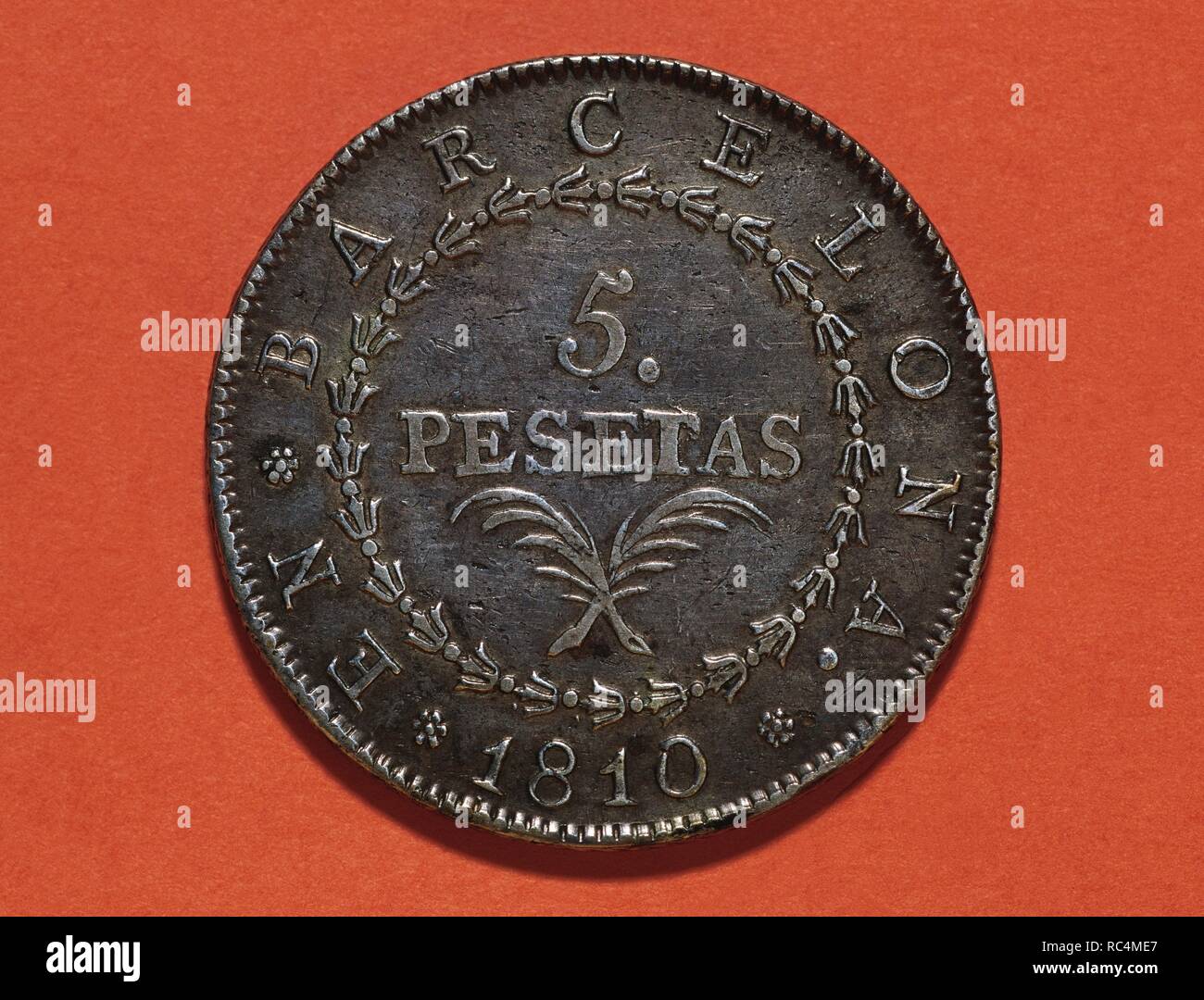 Five pesetas. Silver coin minted in Barcelona, 1810. Reverse Stock ...