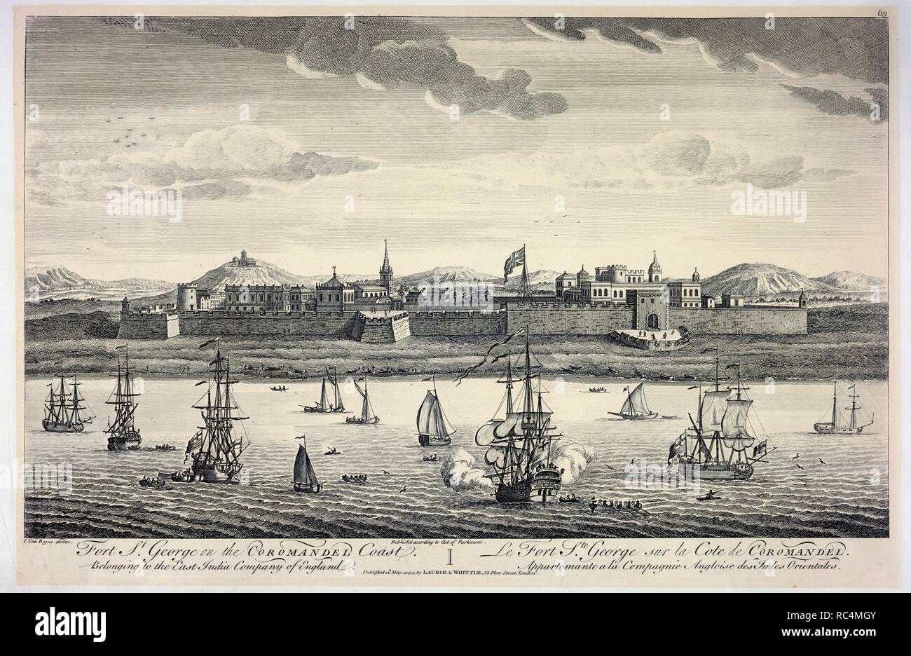Illustration of ships sailing into port. Fort St. George on the ...