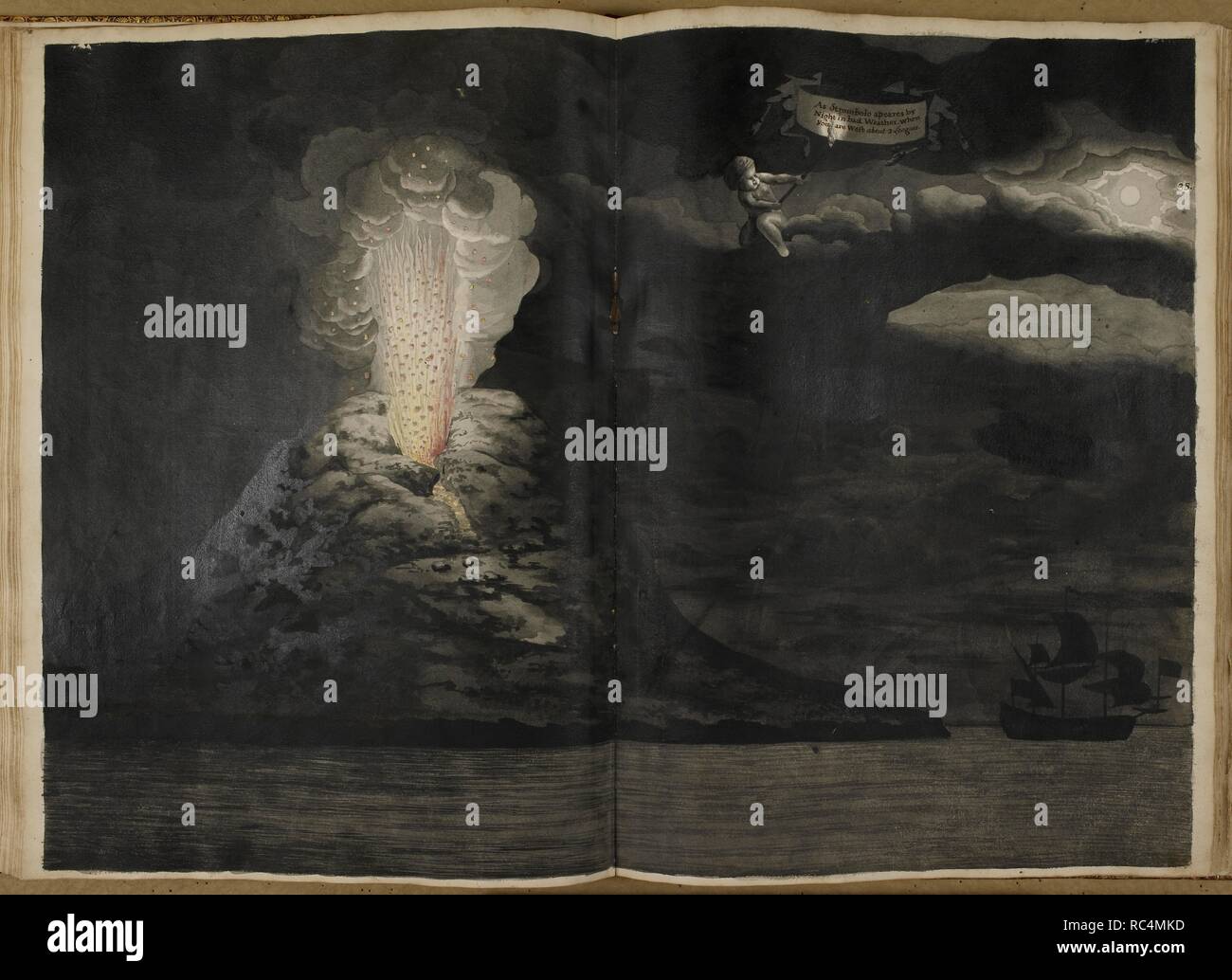 An illustration of an erupting volcano with a ship sailing beside it. A ...