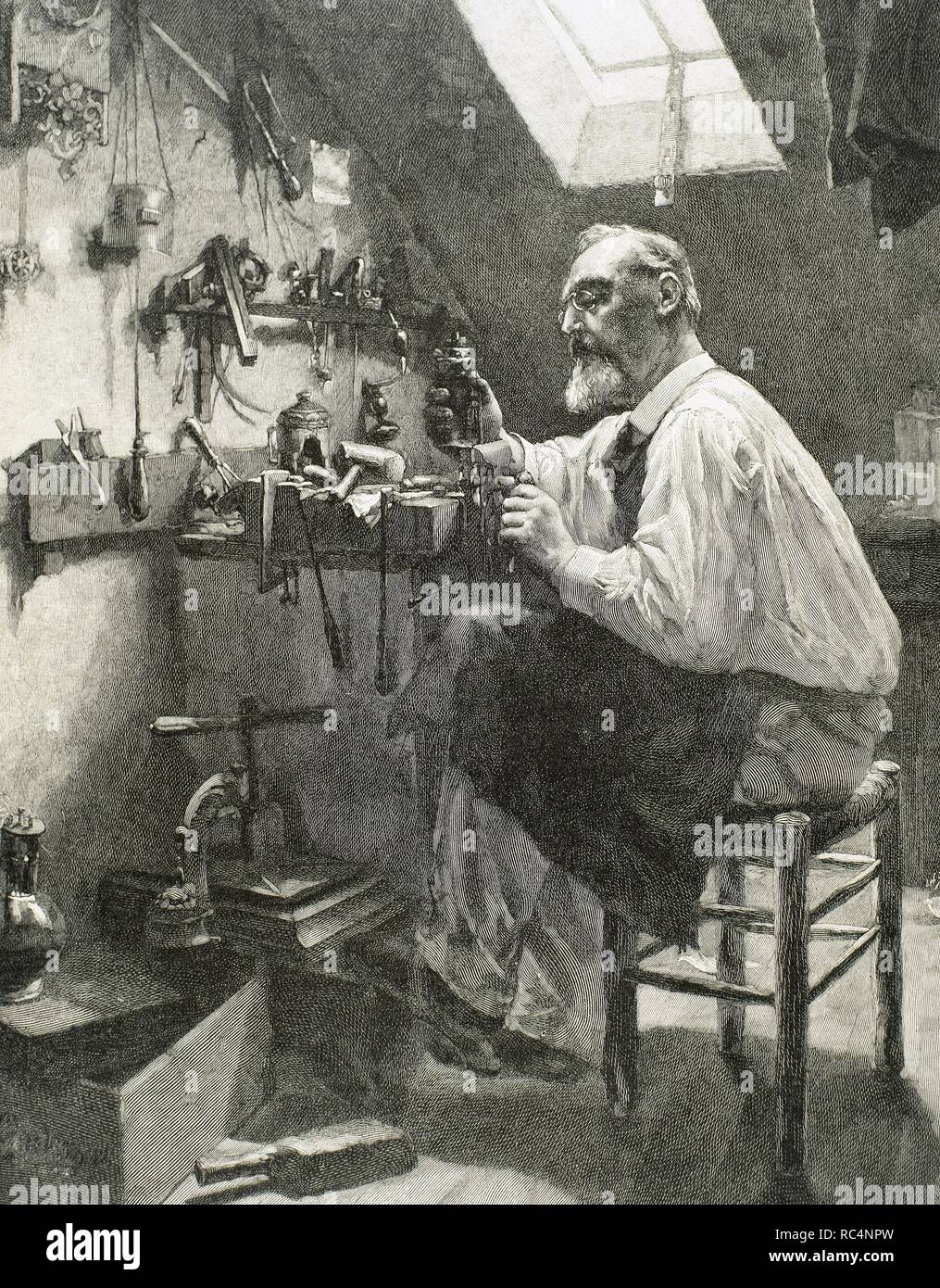 Craftsman in his workshop. Engraving. 19th century Stock Photo - Alamy