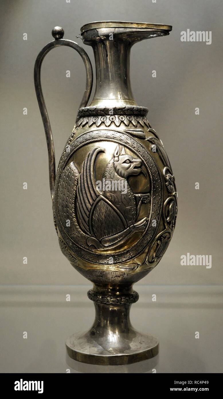 Sasanian Art. Ewer showing a Simurgh. Silver; chasing, gilding. Iran ...