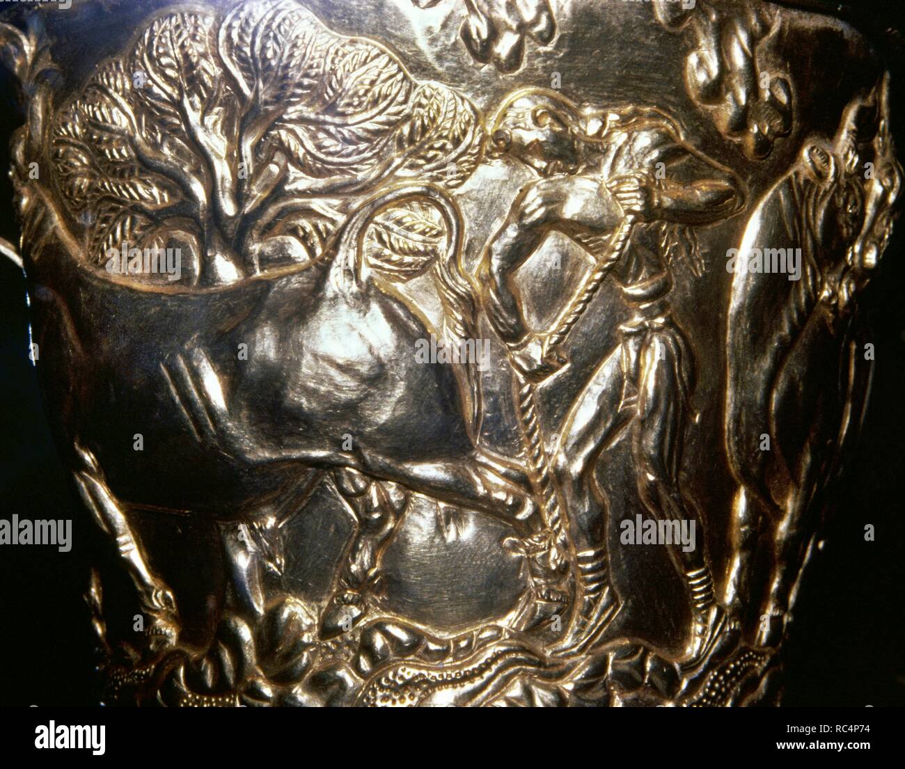 Vafio Glass. Minoan style, 1500-1450 BC, depicting a bull tied by a man ...