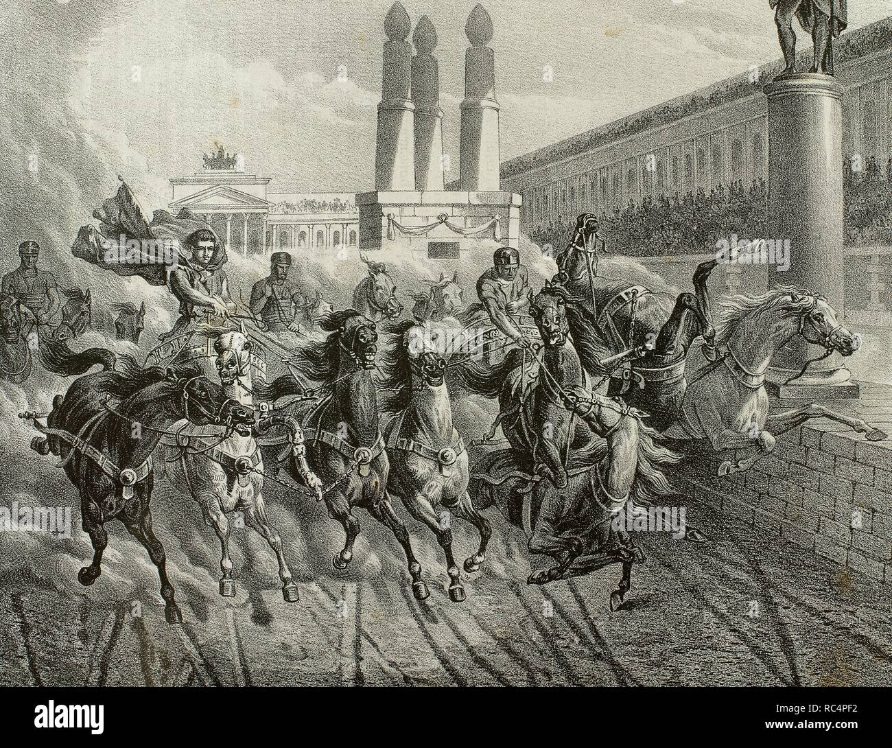 Ancient Rome. A quadrigas' race. Engraving by Rafael del Castillo ...