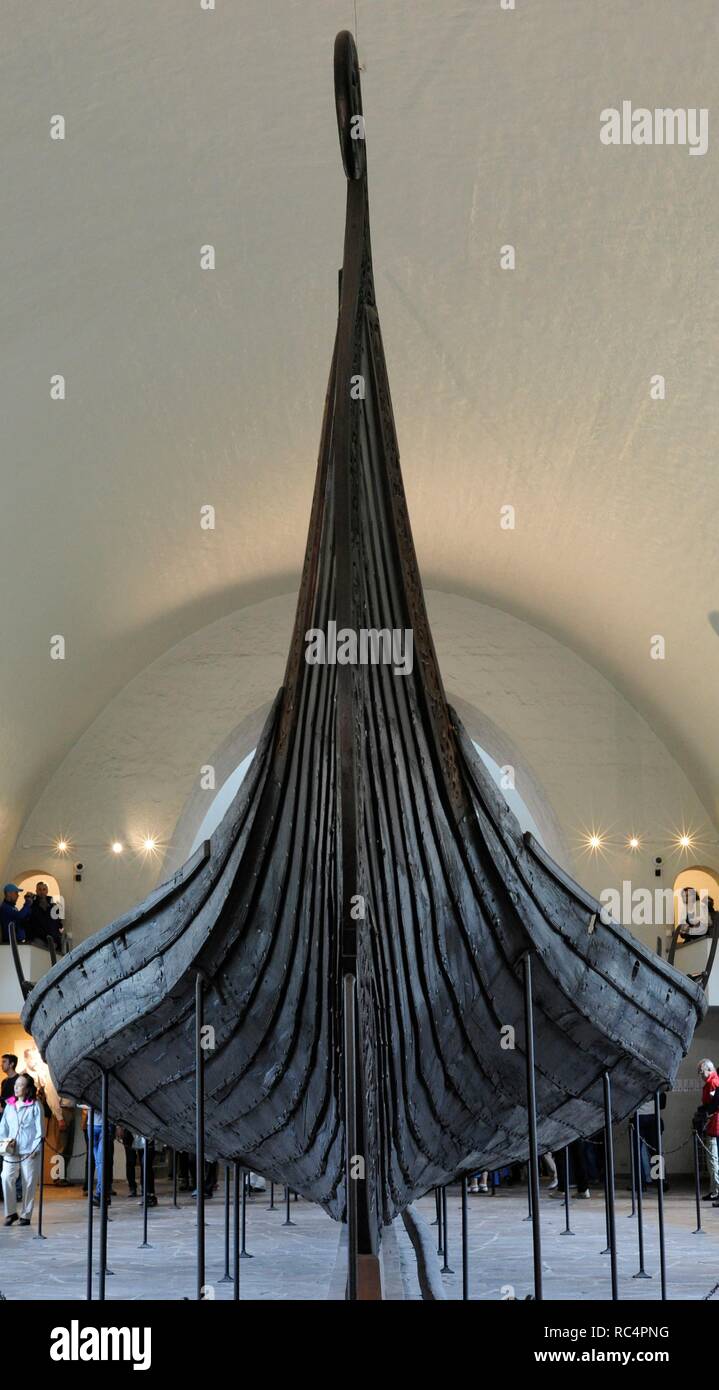 Oseberg Ship. Made in oak wood. 9th century. Viking Ship Museum. Oslo ...