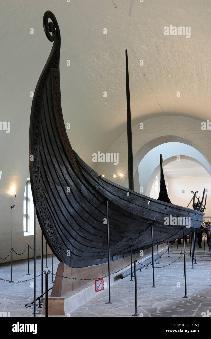Oseberg Ship. Made in oak wood. 9th century. Viking Ship Museum. Oslo ...