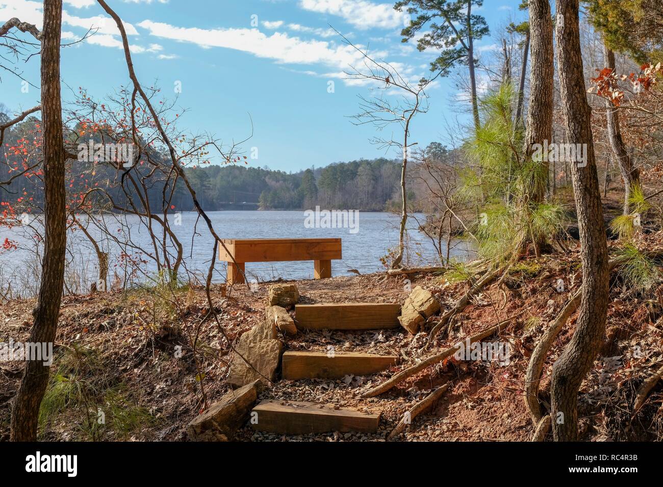 A nicely located bench along a trail by Falls Lake at Blue Jay Point ...