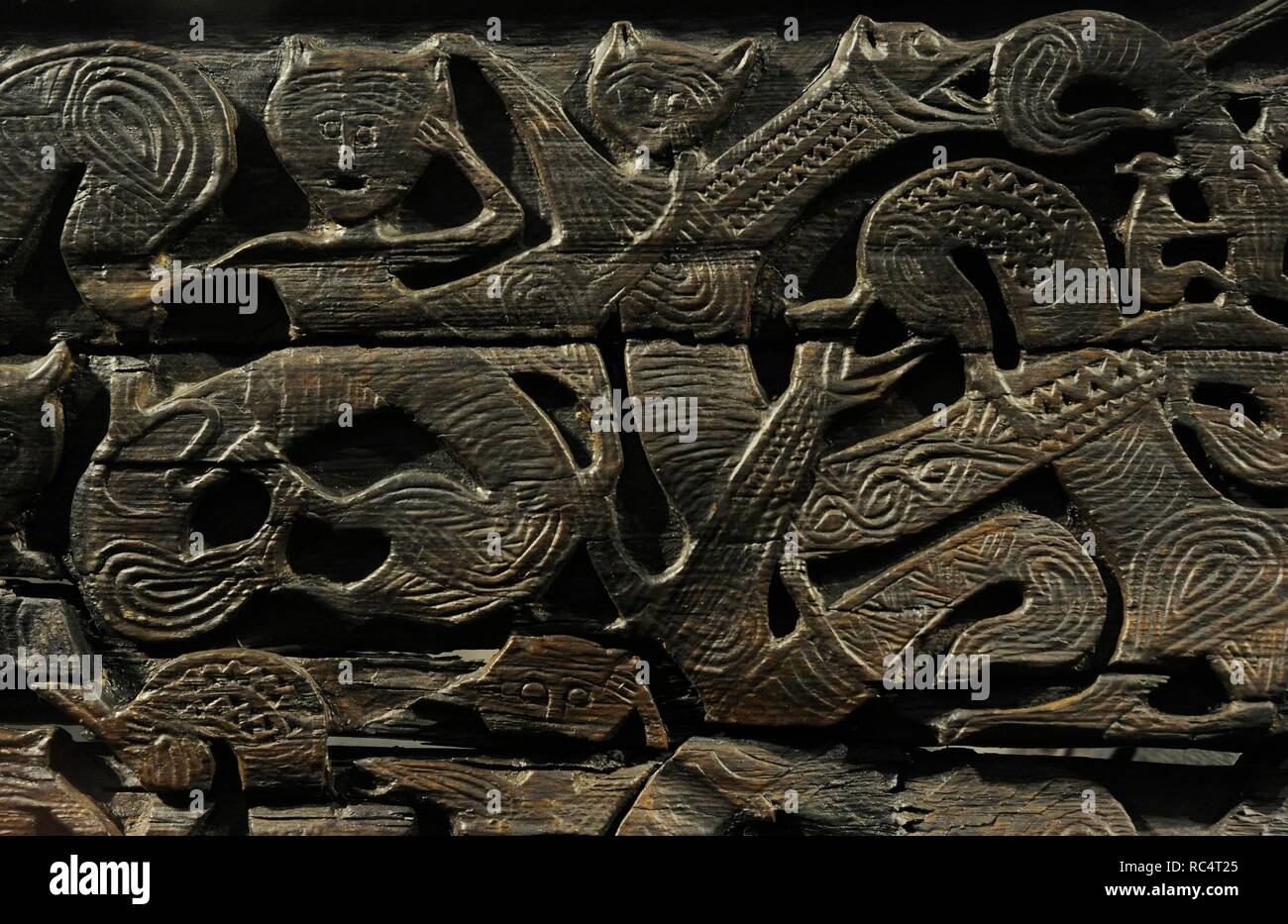 Viking carriage. Wood. 800 AD. Detail of the reliefs. Found in the Tomb ...