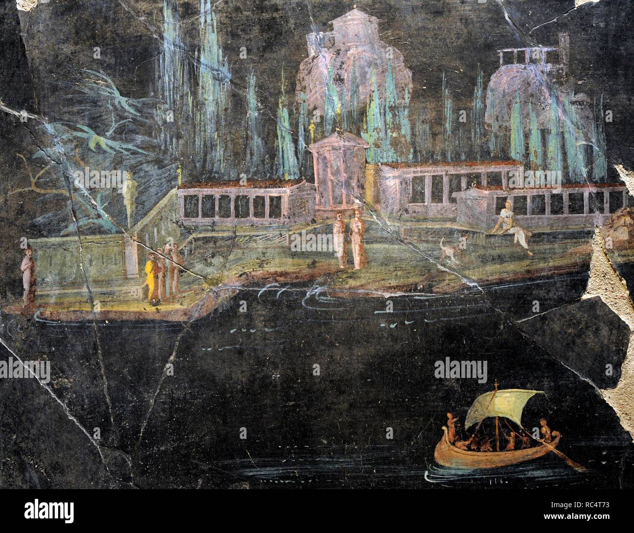 Roman fresco depicting a river landscape with boats. 30 BC-37. Detail ...