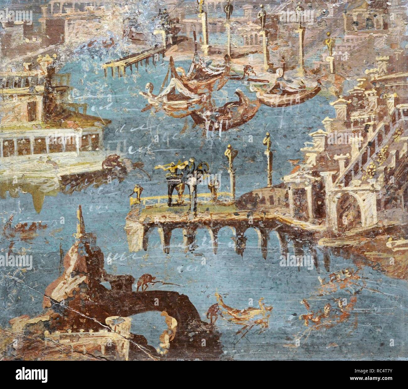 Roman fresco depicting a panorama of a port, usually identified with ...