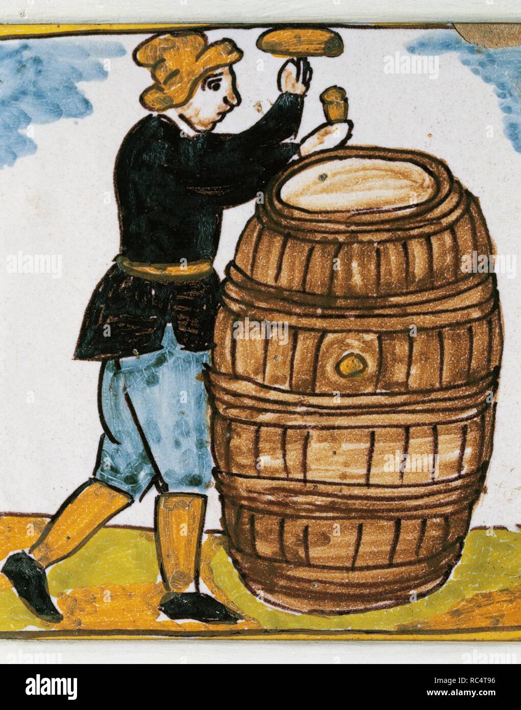 Catalan polychrome tile. Crafts and popular scenes. The cooper. 18th ...