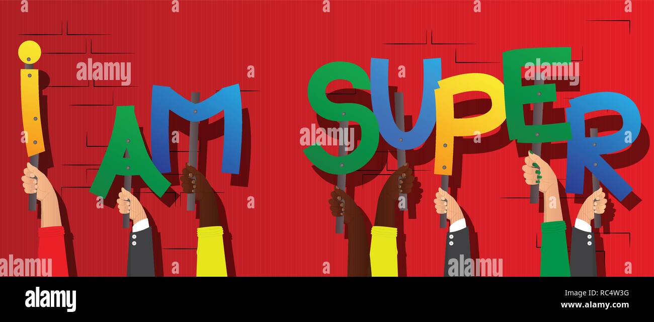 Diverse hands holding letters of the alphabet created the words I am ...