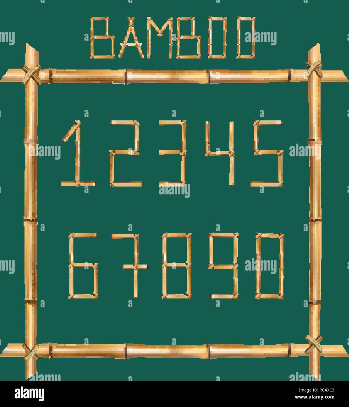 Vector bamboo numerals digits made of realistic brown dry bamboo poles ...