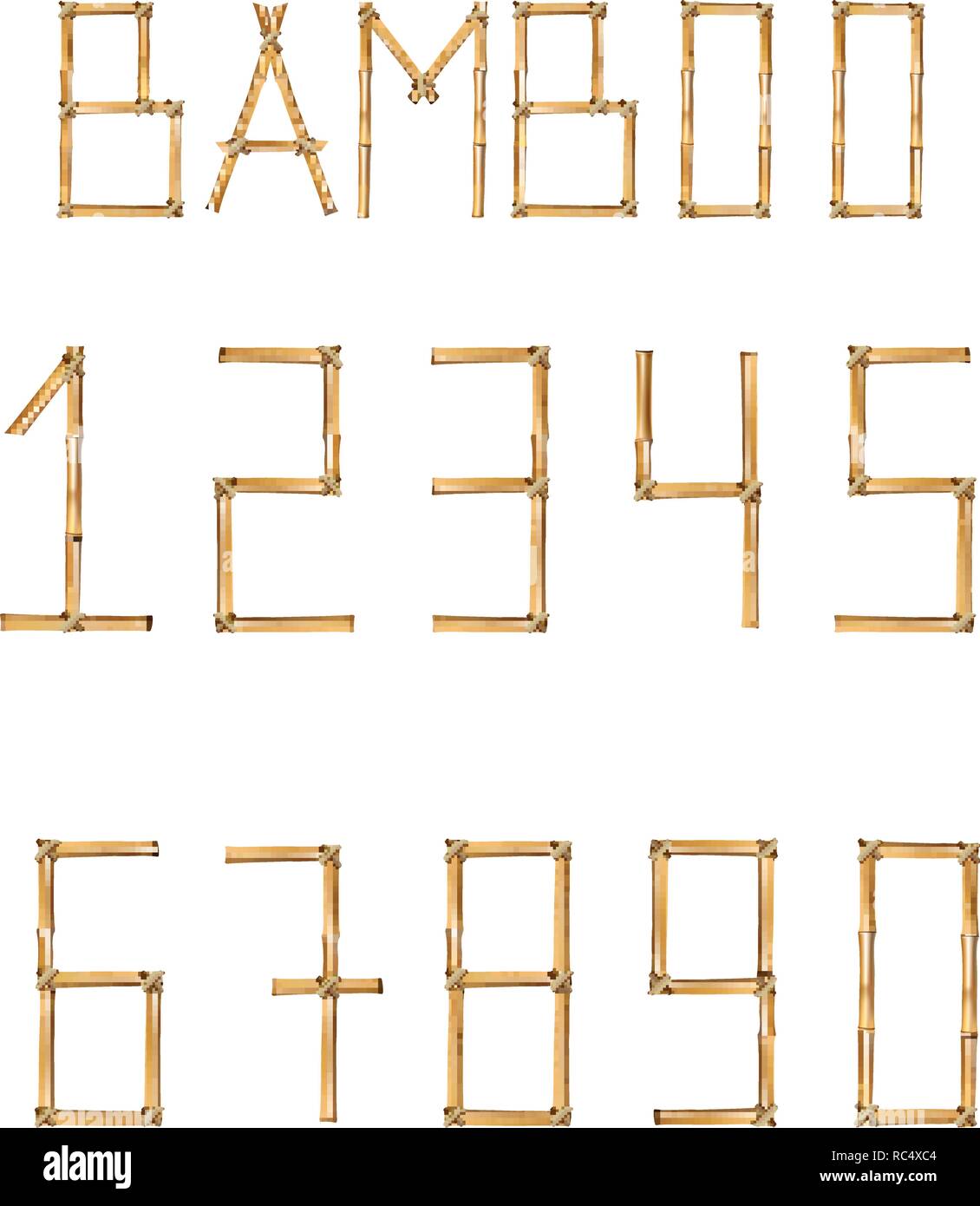 Vector bamboo numerals digits made of realistic brown dry bamboo poles ...