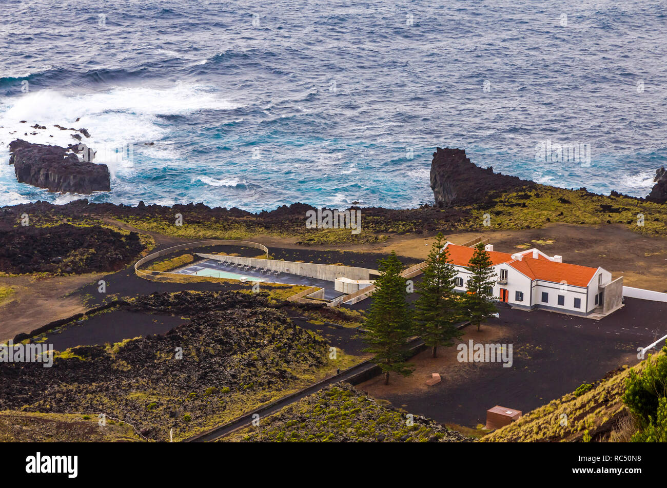 Aerial view of Ponta da Ferraria hot springs and Atlantic ocean coast ...