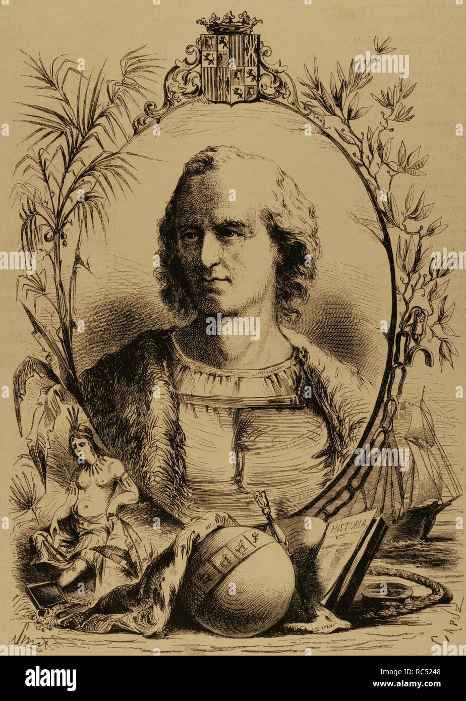 Christopher Columbus (1451-1506). Genoese navigator. Engraving by Capuz ...