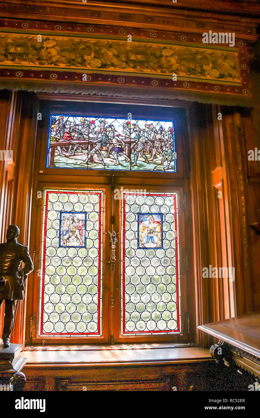 Sinaia, Romania - 2013: Stained glass windows in Peles Castle Stock ...