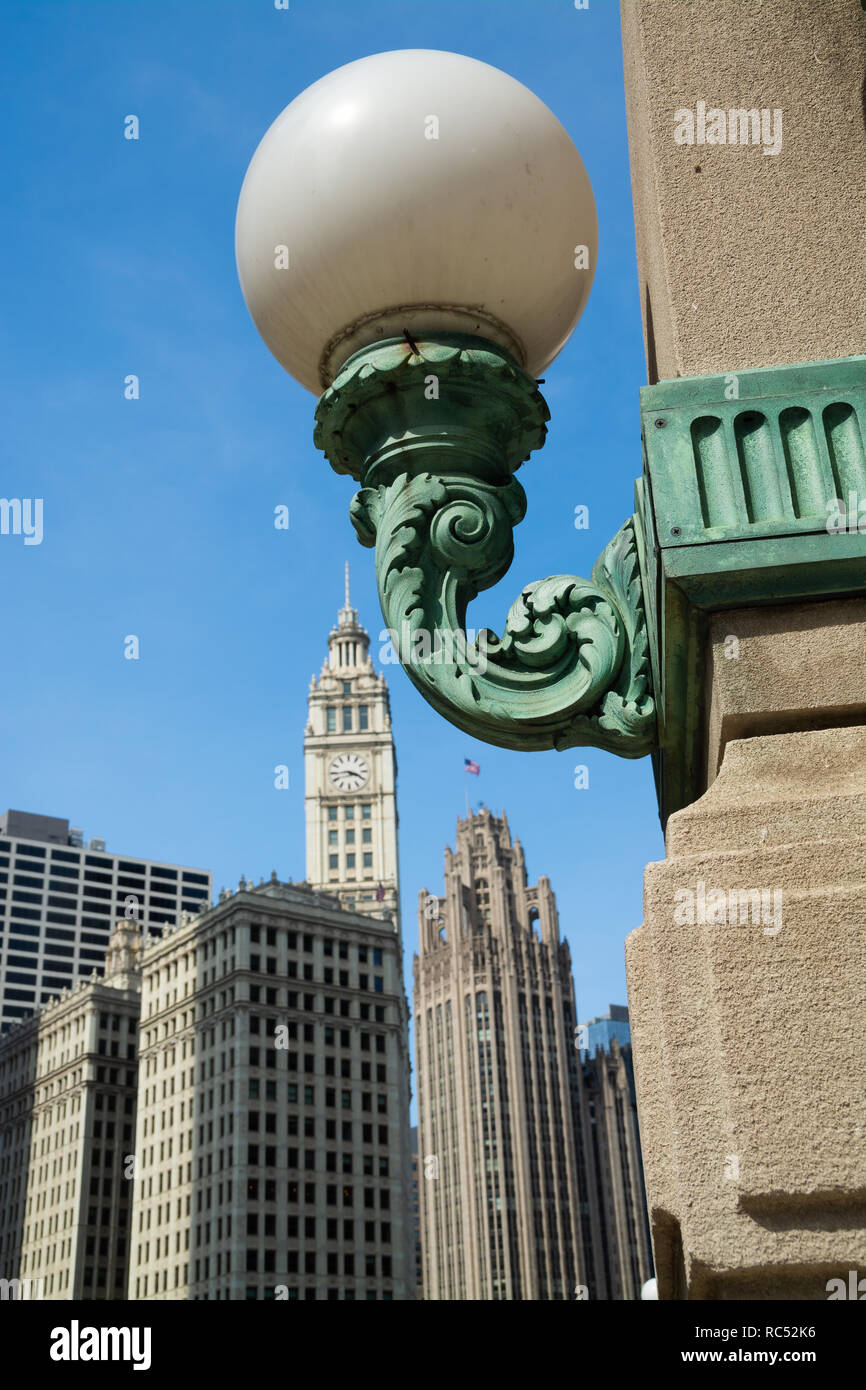 Vintage streetlights along the Riverwalk with downtown in background ...