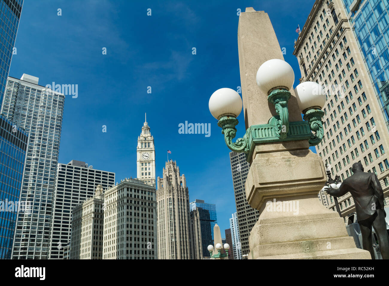 Vintage streetlights along the Riverwalk with downtown in background ...