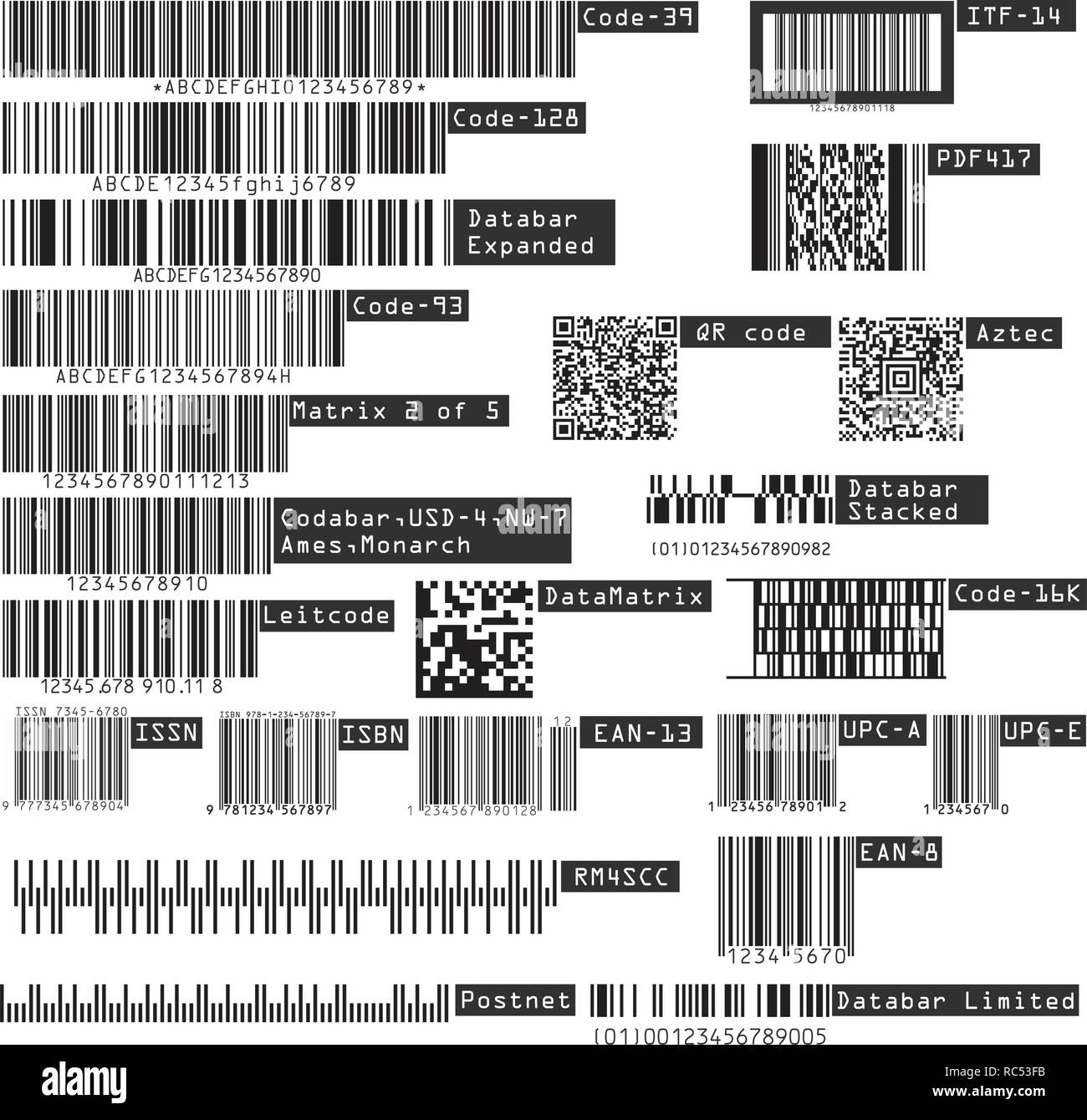 Business Universal Product QR Code And Barcode Types Isolated On White Business Universal Product QR Code And Barcode Types Isolated On White