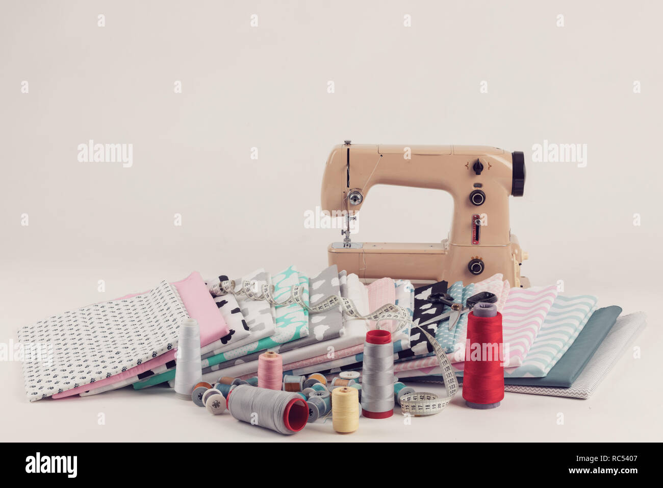 top view of cotton fabric material for tailor or homework, sewing ...