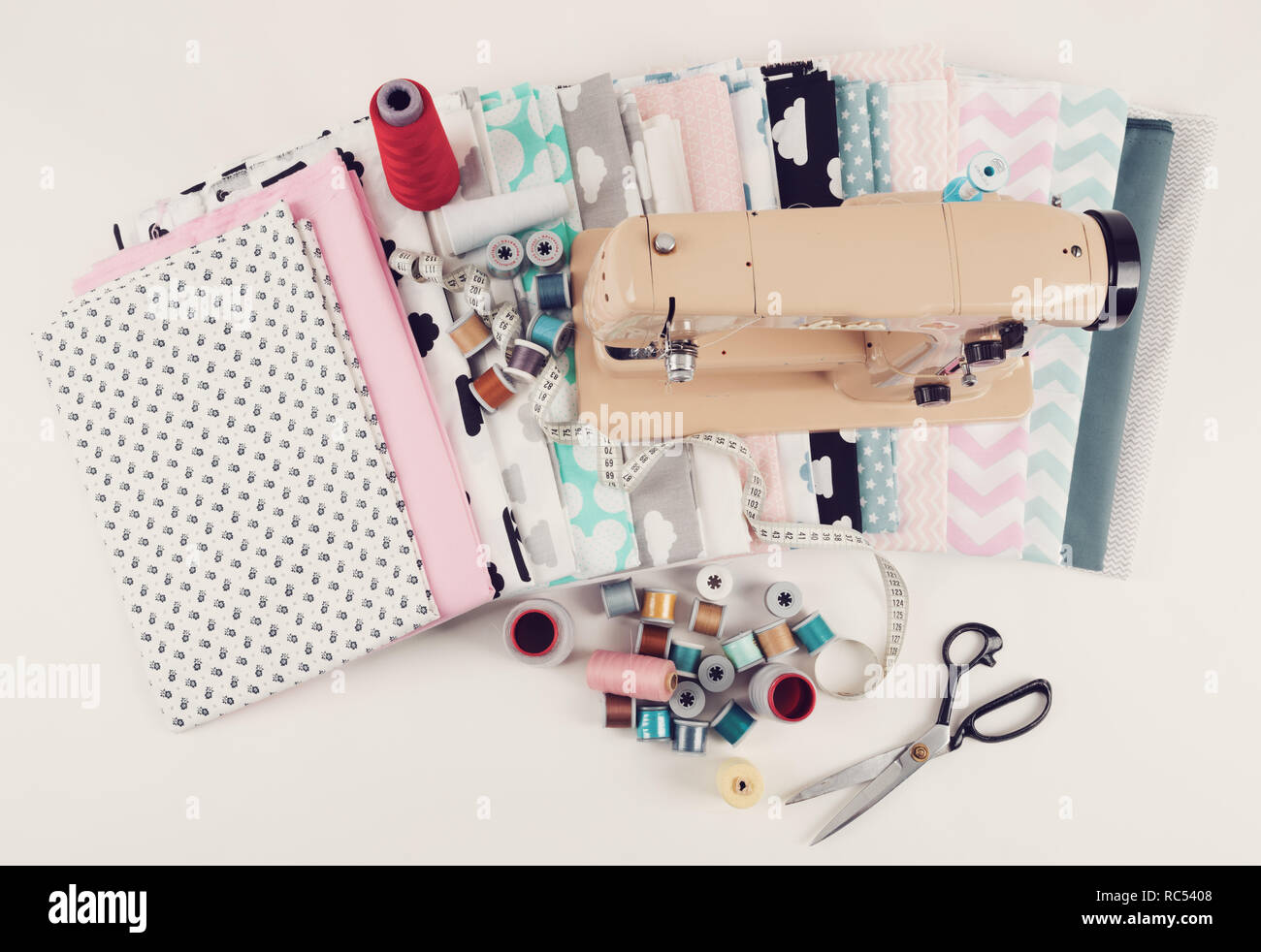 top view of cotton fabric material for tailor or homework, sewing ...