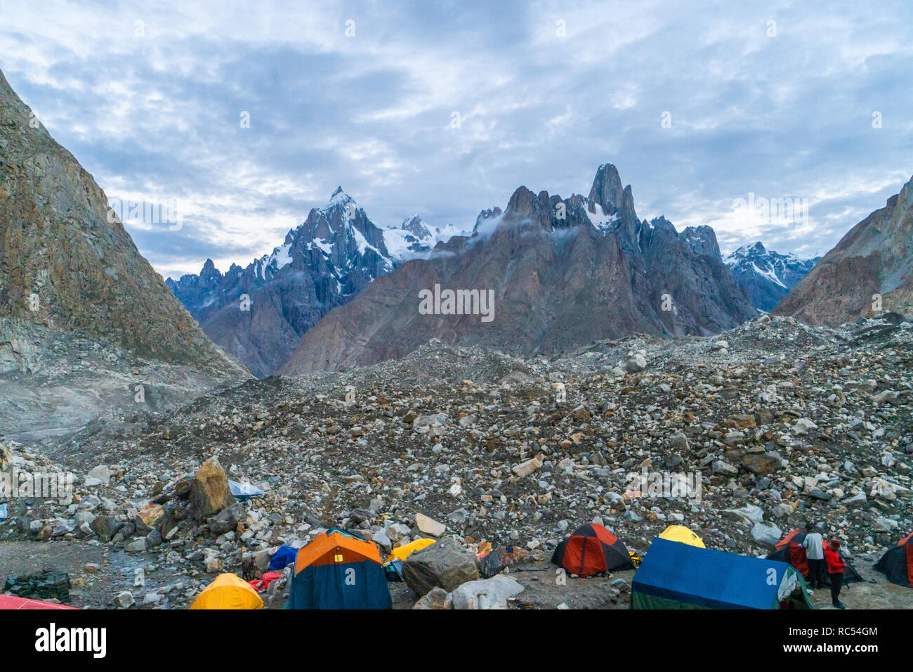 Campsite on Baltoro Glacier with view of majestic trango Towers in ...