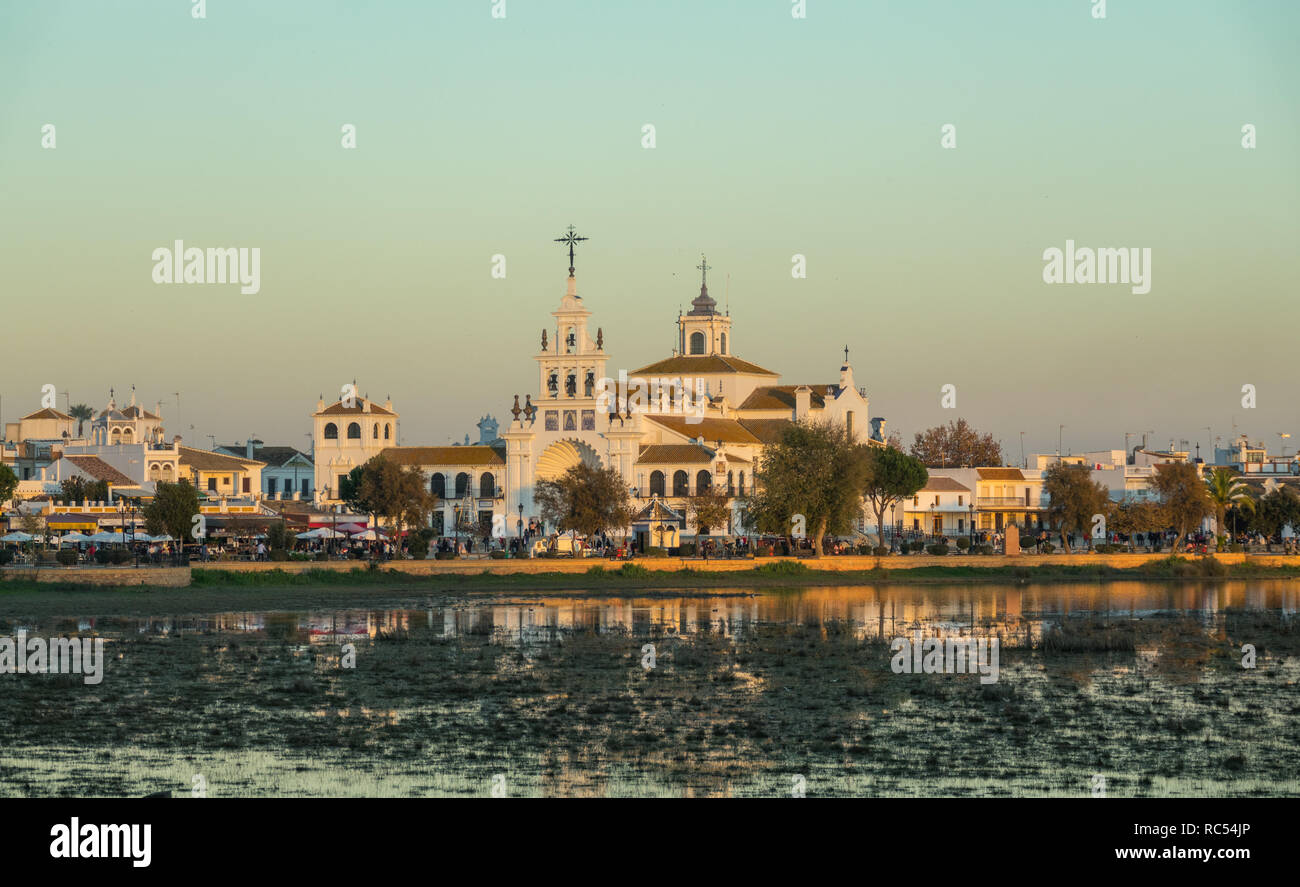 El Rocio church and crowded streets with many tourists at dusk Stock ...