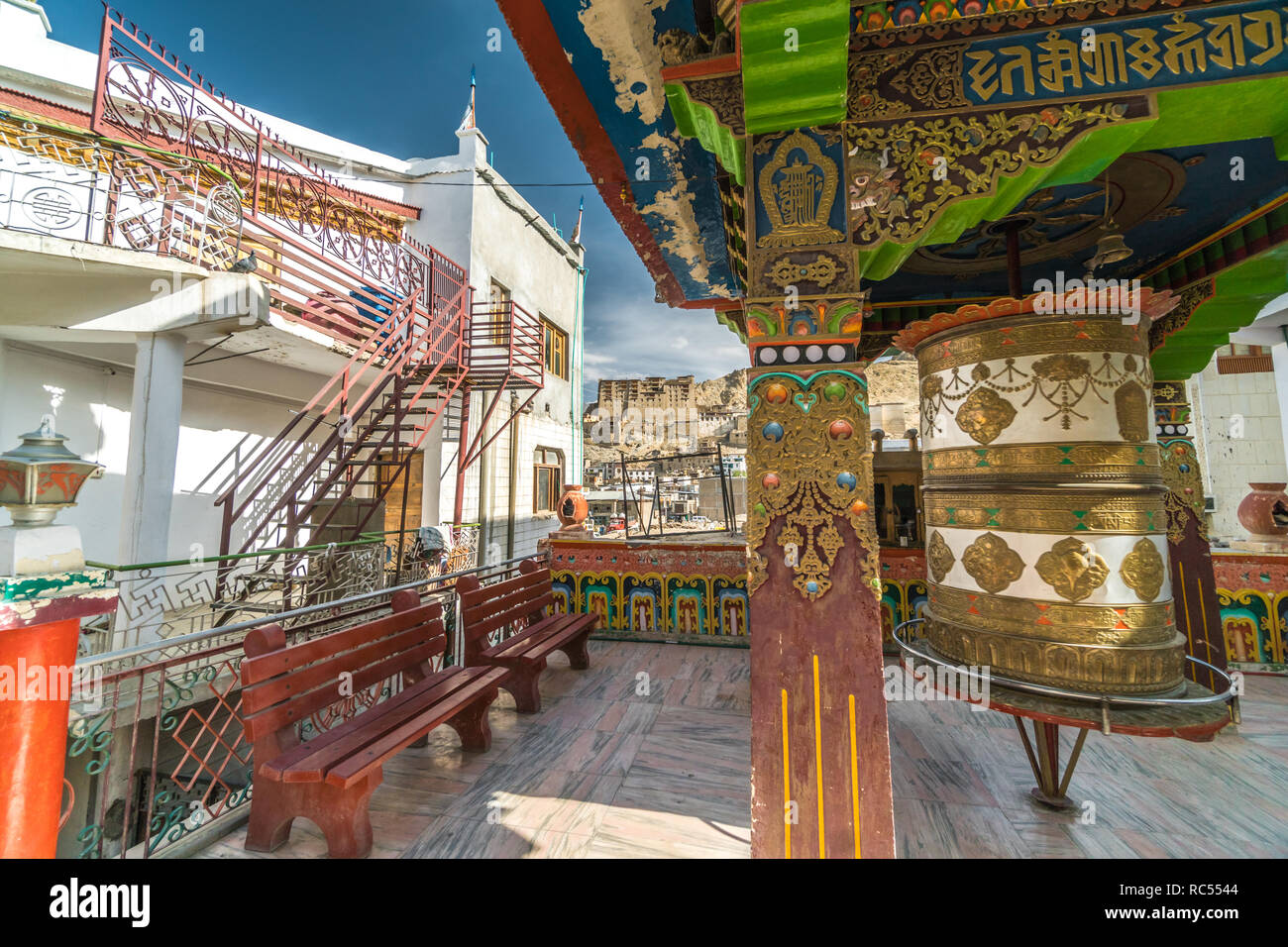 Typical decorated buddhist prayer wheel in town of Leh in Ladakh, India ...