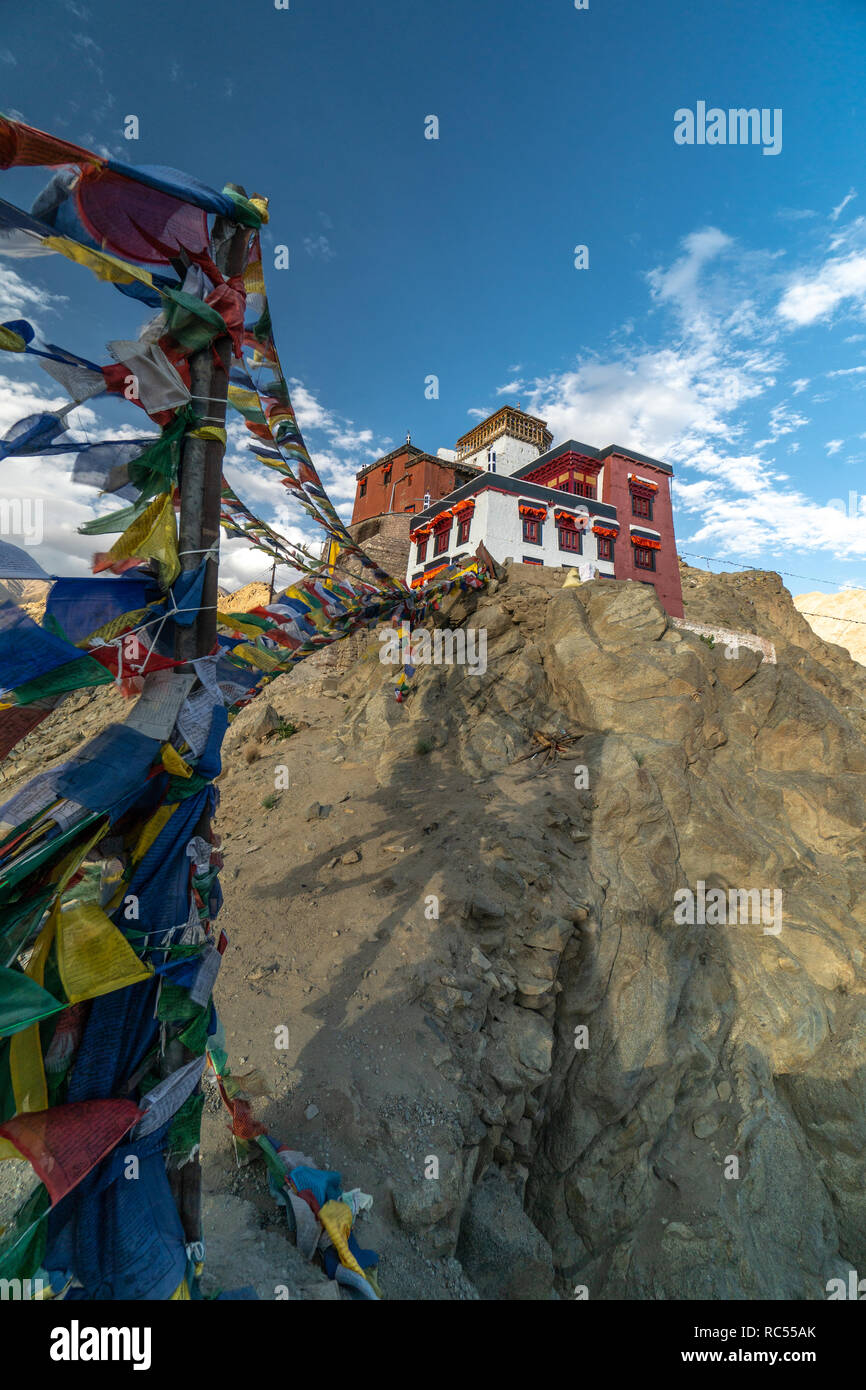 Prayer flags near buddhist monastery Namgyal Tsemo above Leh, Ladakh in ...