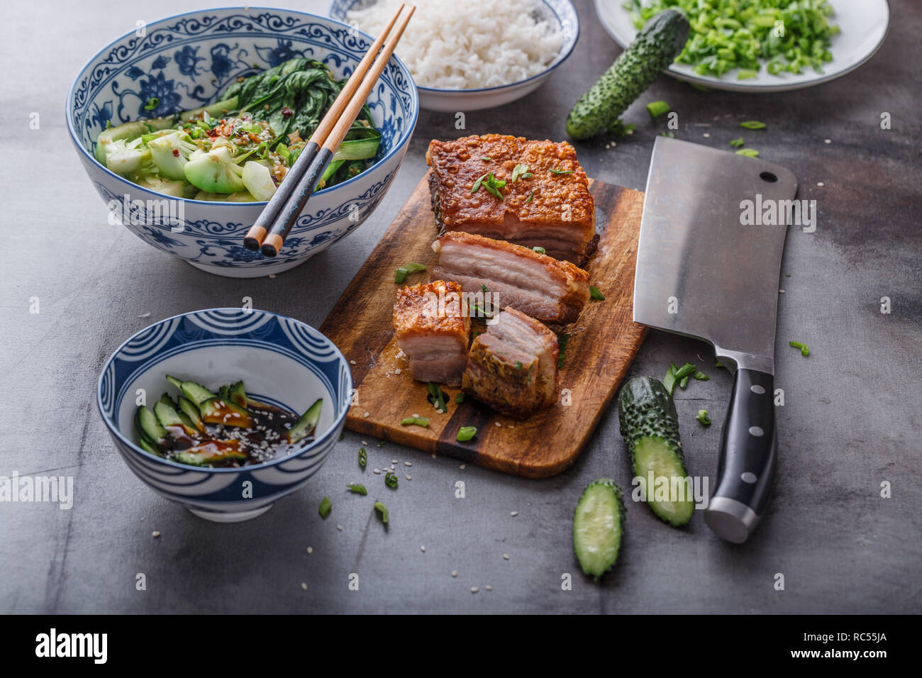 Asian Roasted Pork Belly With Crispy Skin On Concrete Background Stock