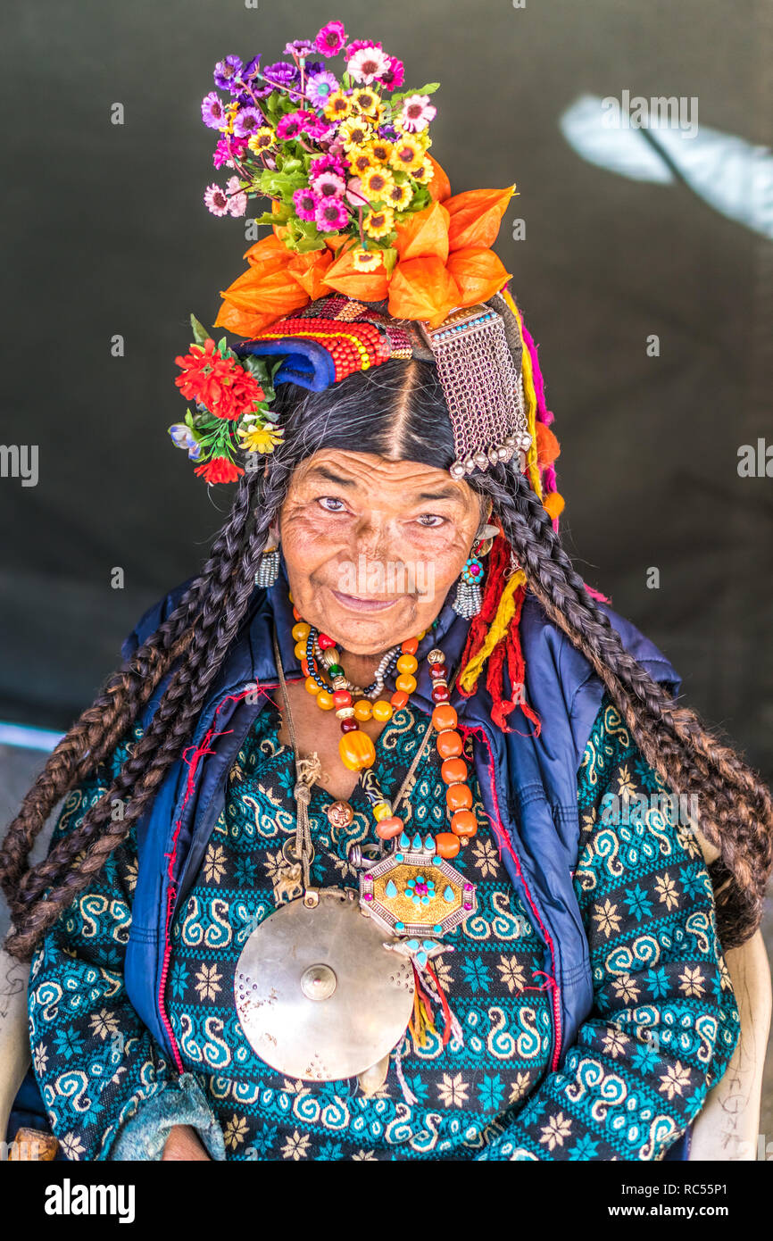 Ladakh, India - August 29, 2018: Portrait of an old indigenous woman ...