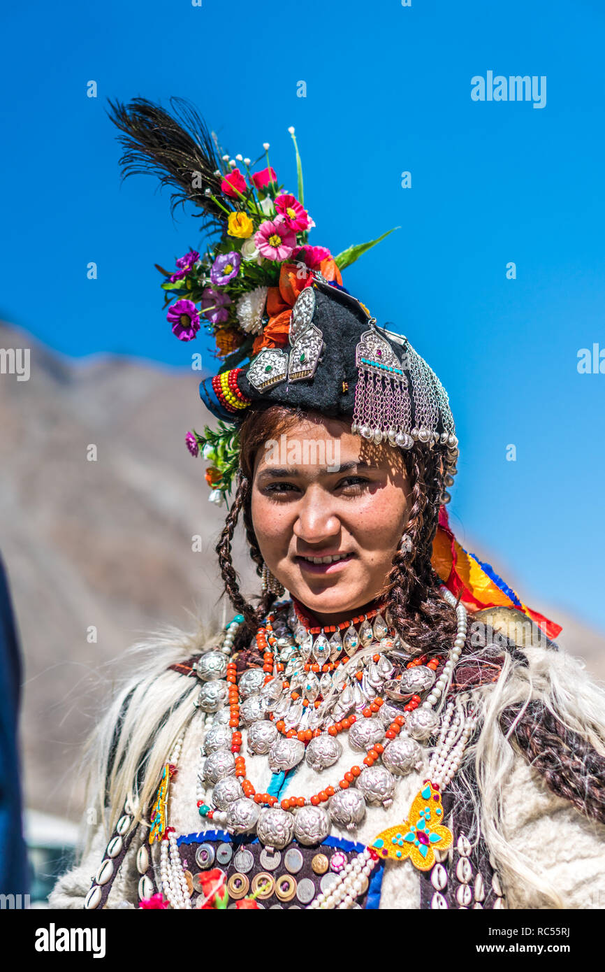 Ladakh, India - August 29, 2018: Portrait of a pretty young indigenous ...
