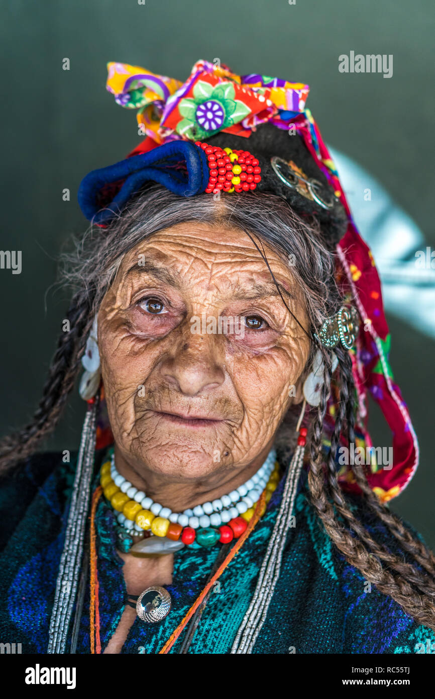 Ladakh, India - August 29, 2018: Portrait of an old indigenous woman ...