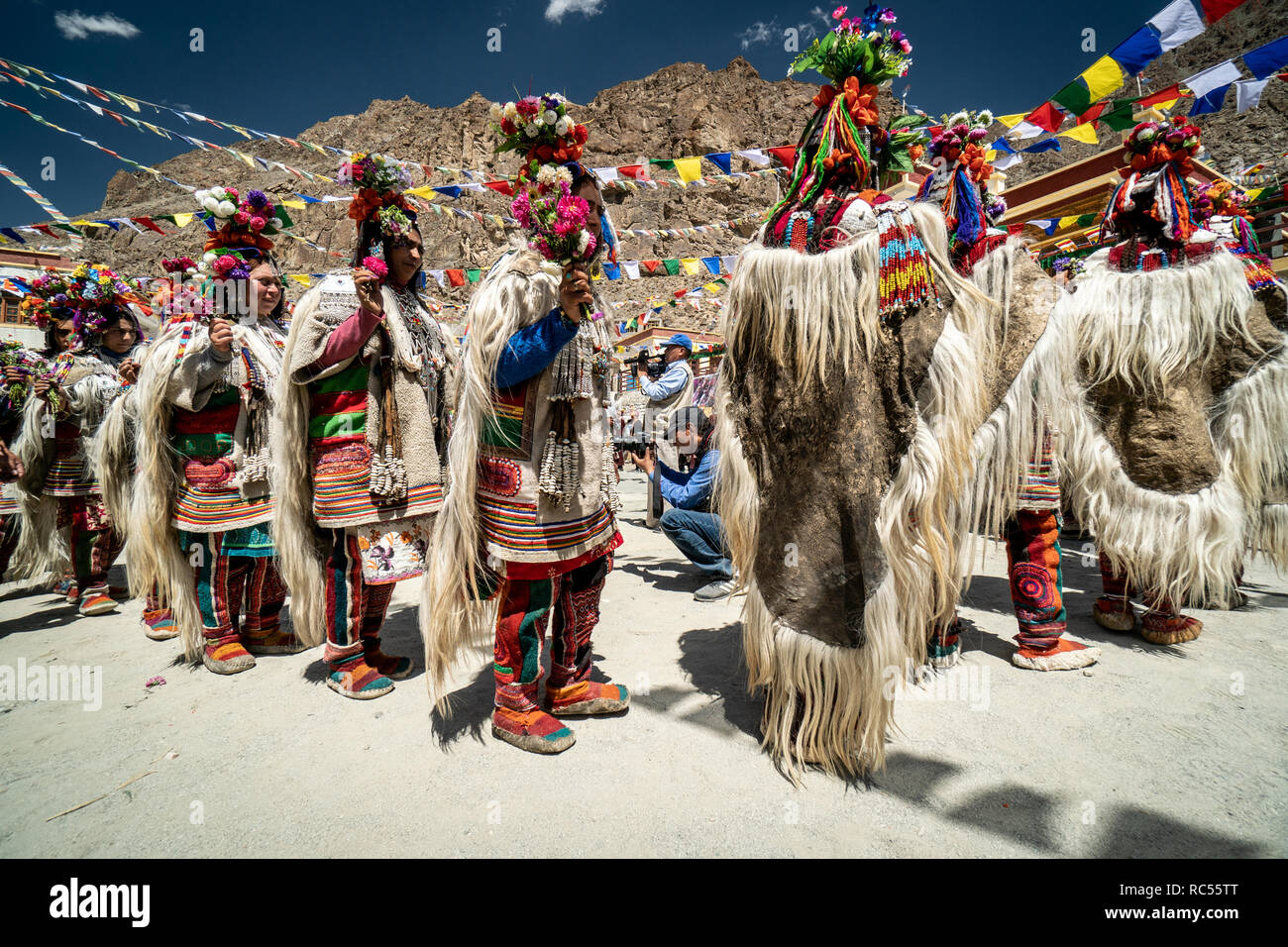 Ladakh, India - August 29, 2018: Performers in traditional costumes ...