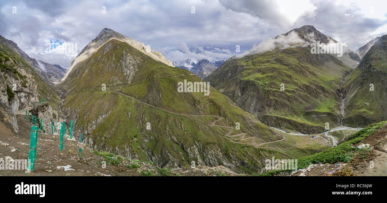 Panoramic view of hiking trail leading to sacred Amarnath cave in ...