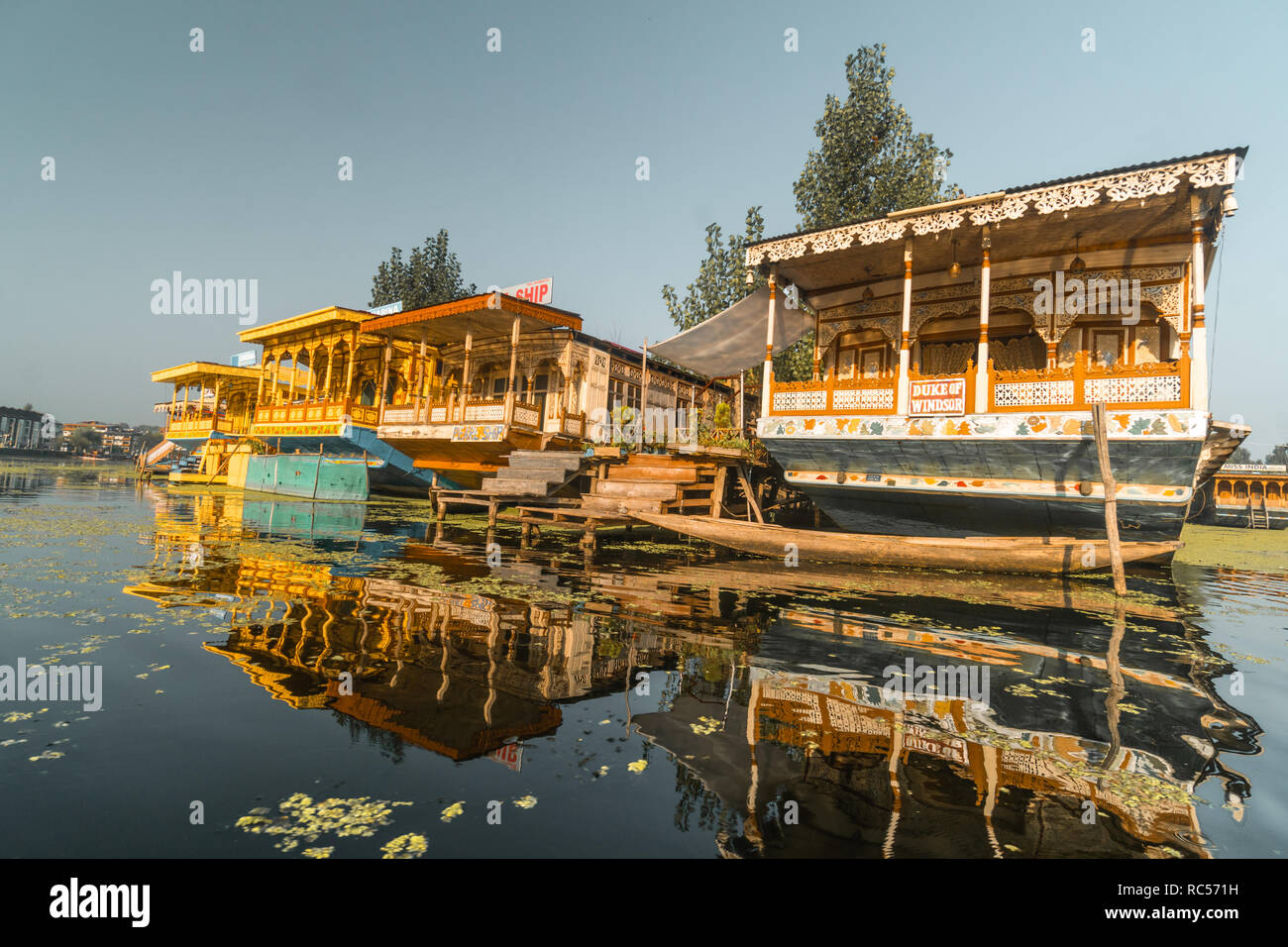 Srinagar, India - September 12, 2018: Colorful houseboats typical for ...