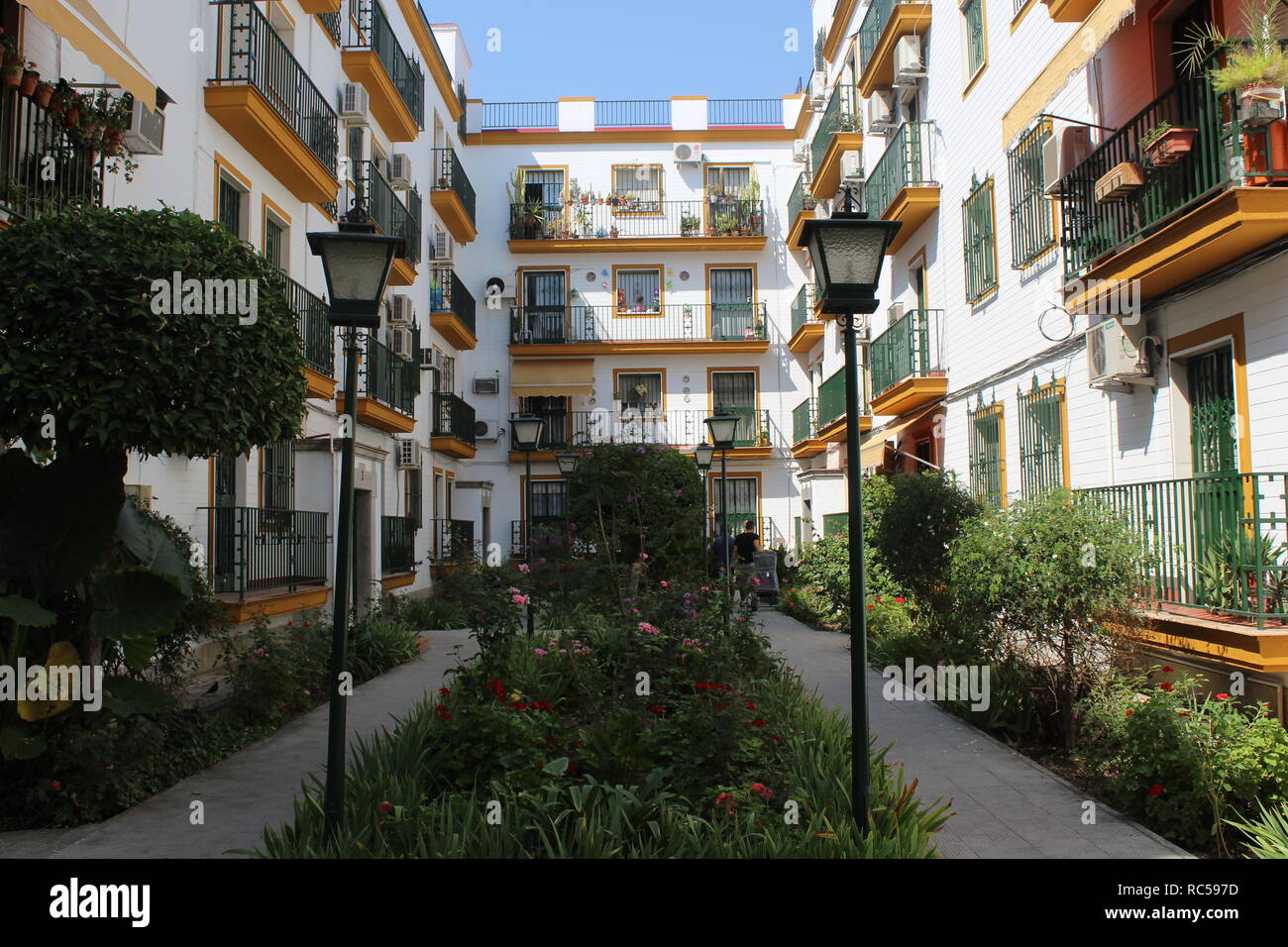 A communal yard of a residential building in Seville, featuring a ...