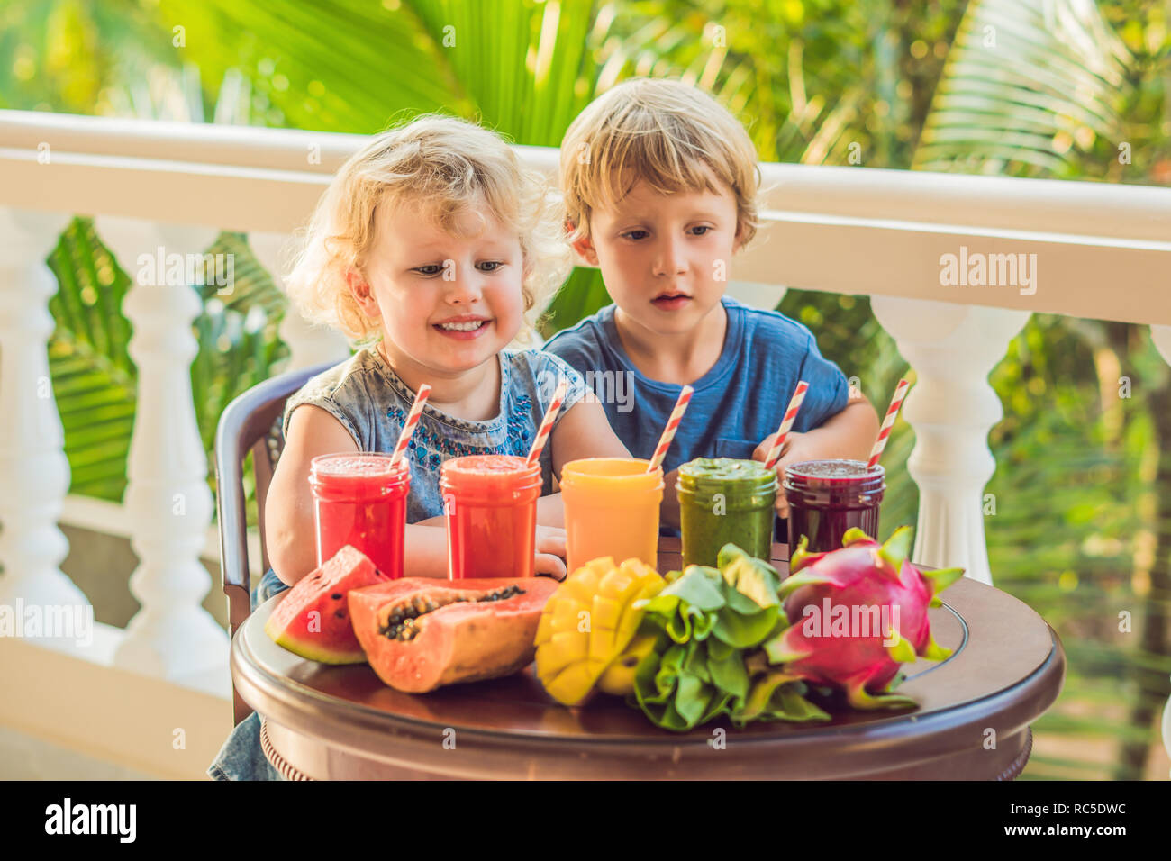 Children drink colorful healthy smoothies.. Watermelon, papaya, mango ...