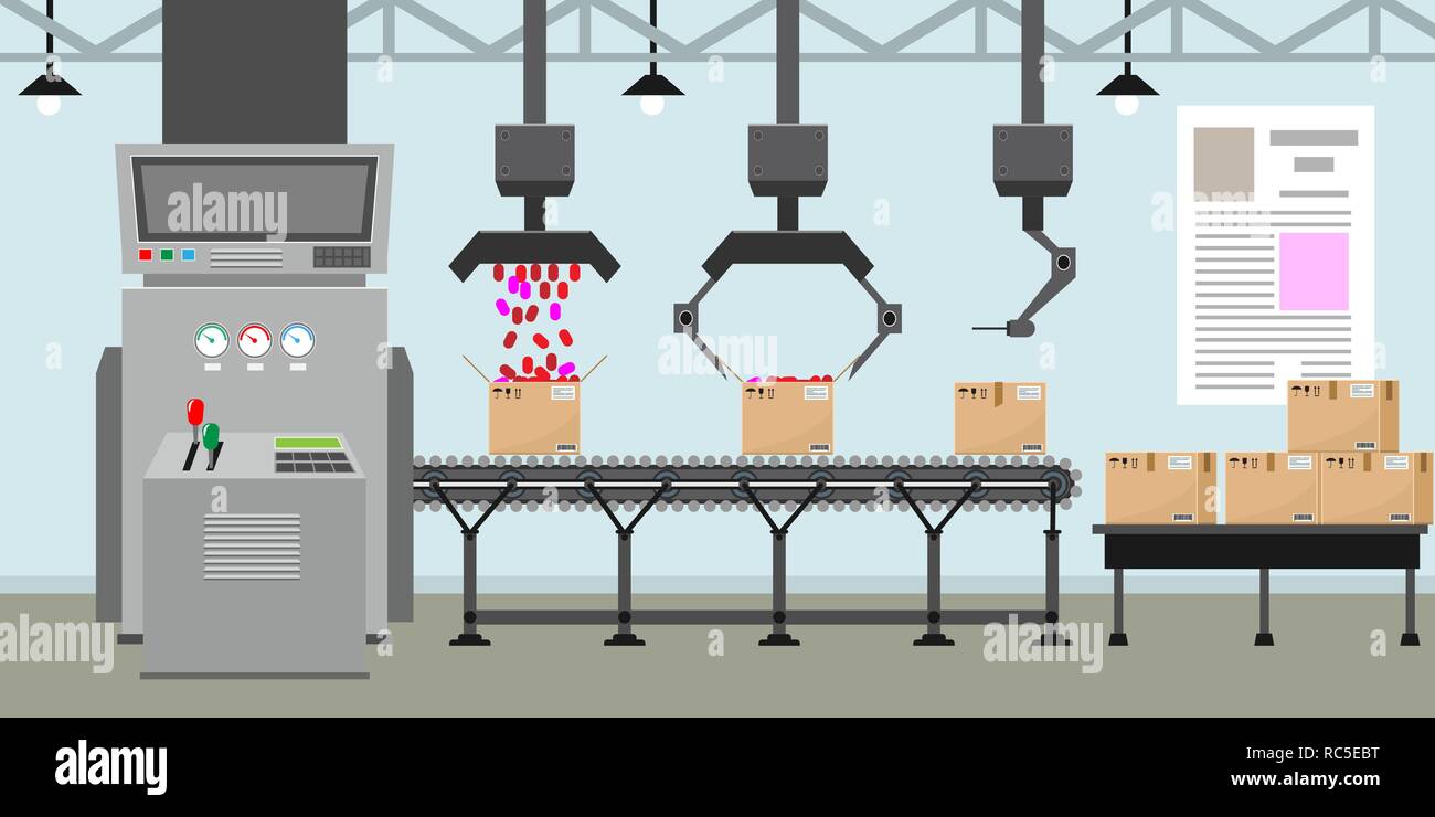 Empty Conveyor belt system with robot hands for mass production ...