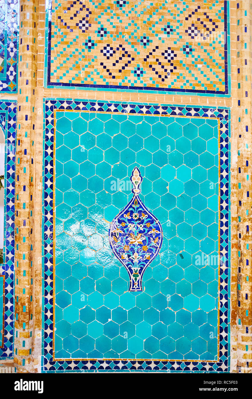 The scenic azure panel of glazed tiles on the wall of Jameh Mosque ...