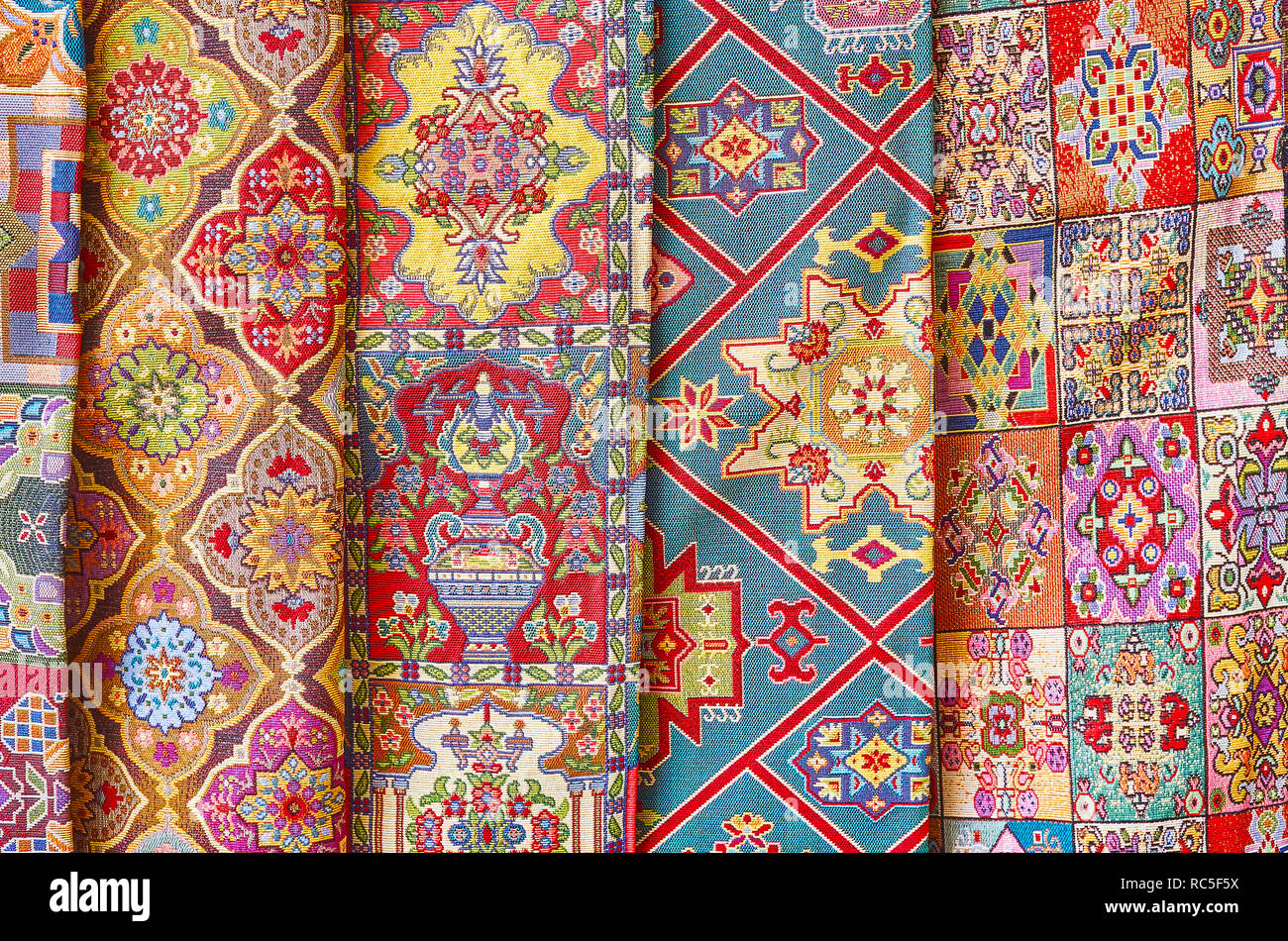 The colorful textiles, decorated with ornate Islamic, bedouin tribal ...
